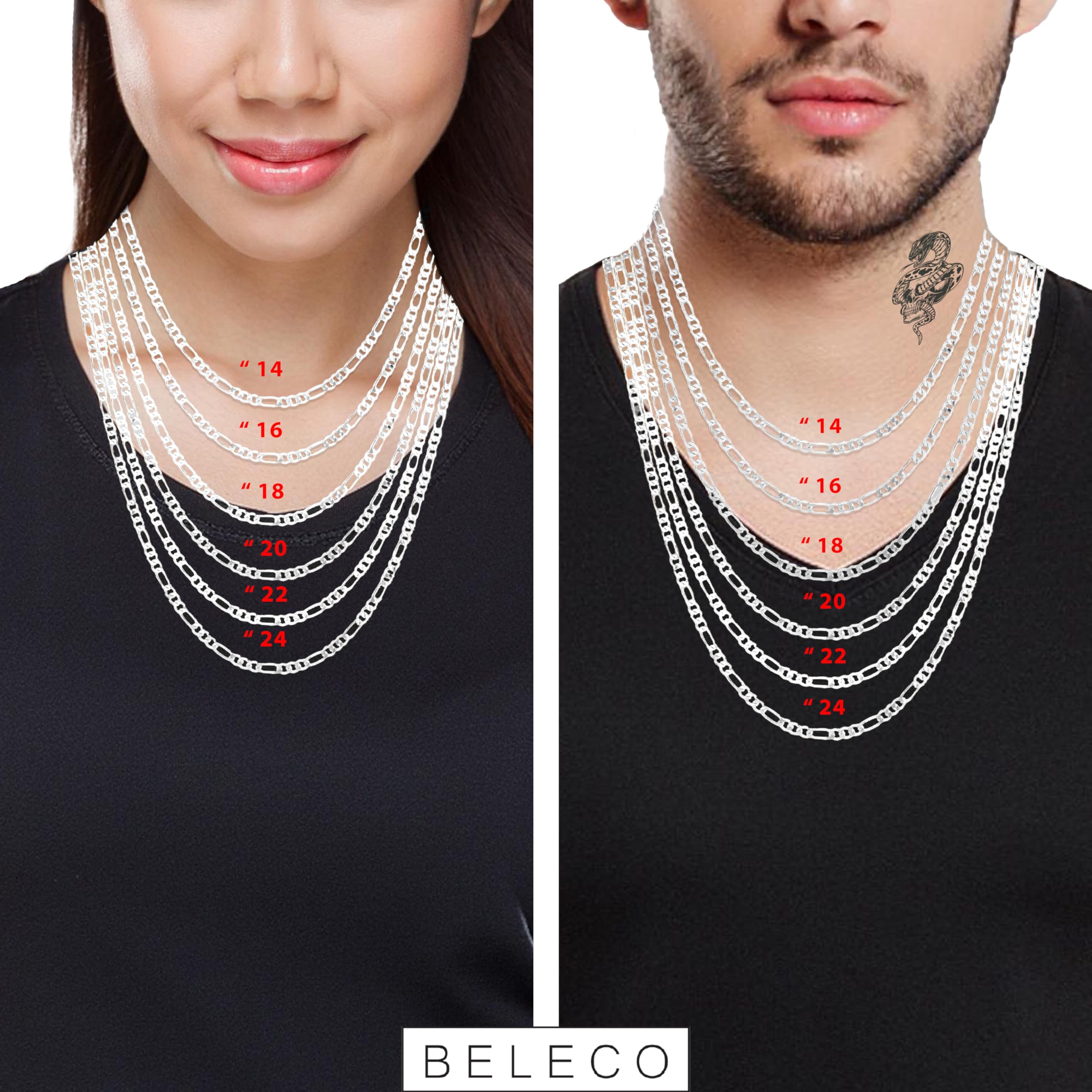 Beleco 18k Gold Plated or Sterling Silver 925 Custom Name Necklace - Personalized Name Plate Necklace for Men & Women with Elegant Figaro Chain, 15 Font Style | Customized & Personalized Necklaces