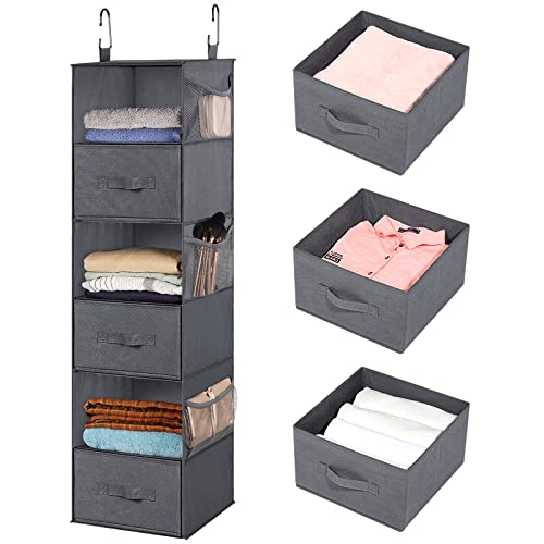 HAITRAL Hanging Closet Organizer - 6-Shelf Hanging Storage Shelves with 3 Drawers & Side Pocket - Multi-Function Foldable Cube Wardrobe for Home, Dorm, Apartment