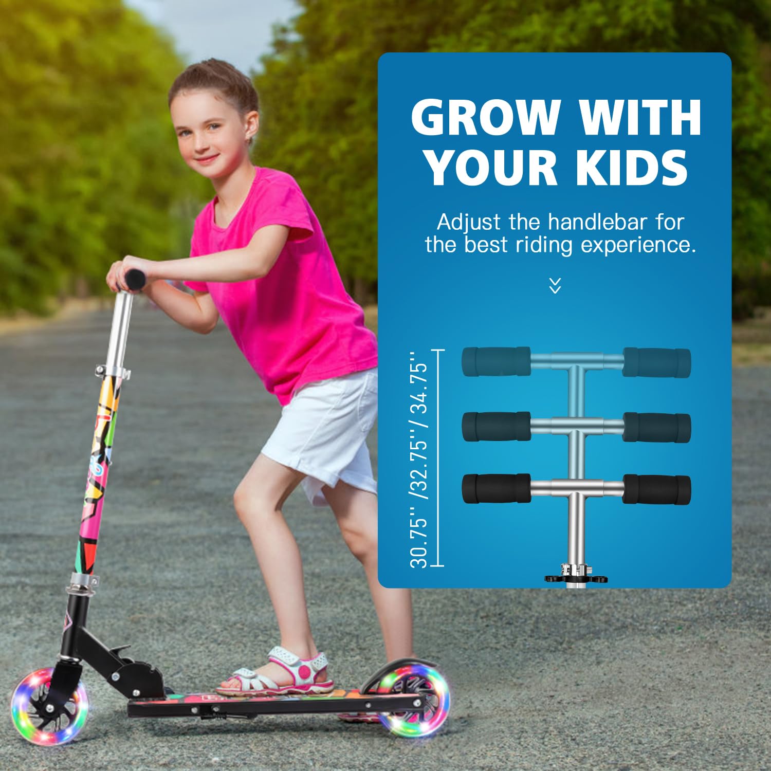 Beleev V1 Scooters for Kids 2 Wheel Folding Kick Scooter for Girls Boys, 3 Adjustable Height, Light Up Wheels, Kickstand for Children 3 to 12 Years Old