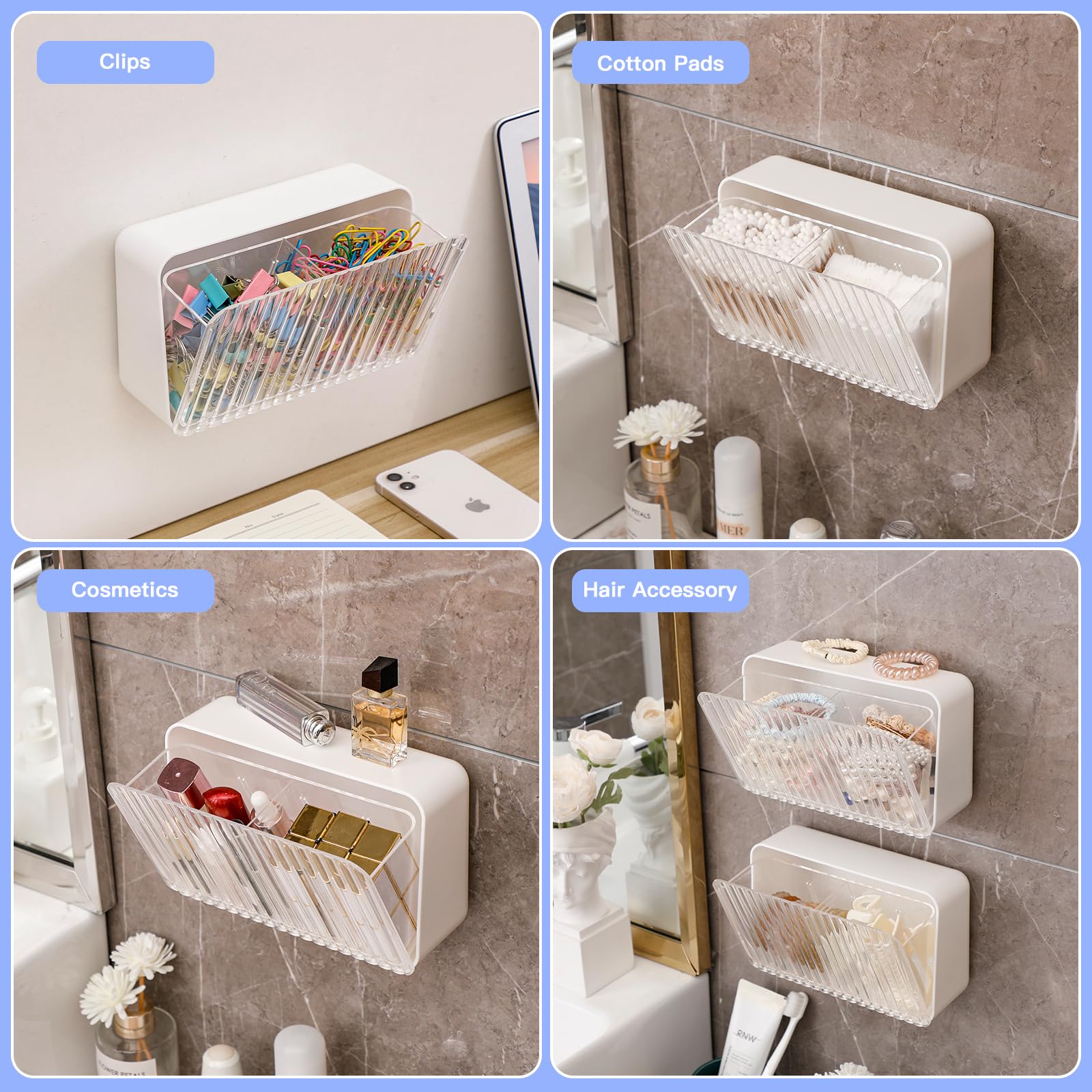 FABROK 2Pcs Wall Mounted Storage Organizer for Cotton Pads, Qtip Holder Dispenser with 2 Compartments, Bathroom Vanity Storage Canister for Cotton Swab, Makeup Pads, Hair Clips, Hair Ties(White-2PCS)