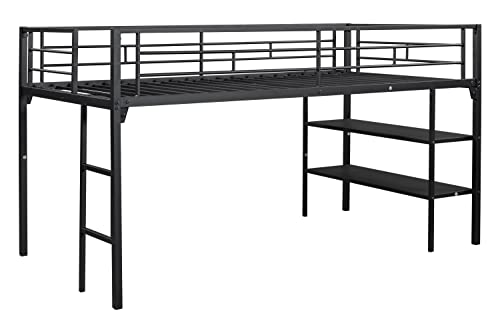 Lostcat Twin Size Metal Loft Bed and Storage Shelves,Heavy Duty Metal Loft Bed w/Full Length Guardrails and Ladder,No Box Spring Needed,Suitable for Kids,Teens,Adults,Black