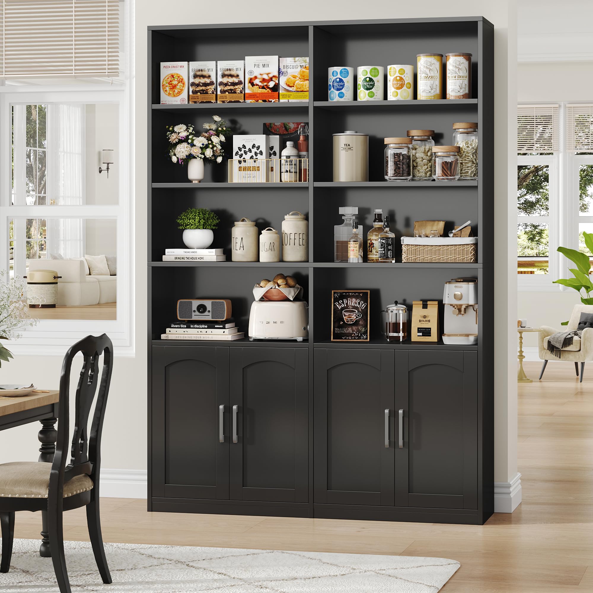 FACBOTALL Bookshelf and Bookcase with Doors, 6 Tier Double Wide Large Bookshelves, Open Display Shelves, 73'' Tall Bookcases for Home Office, Living Room, Library, Black