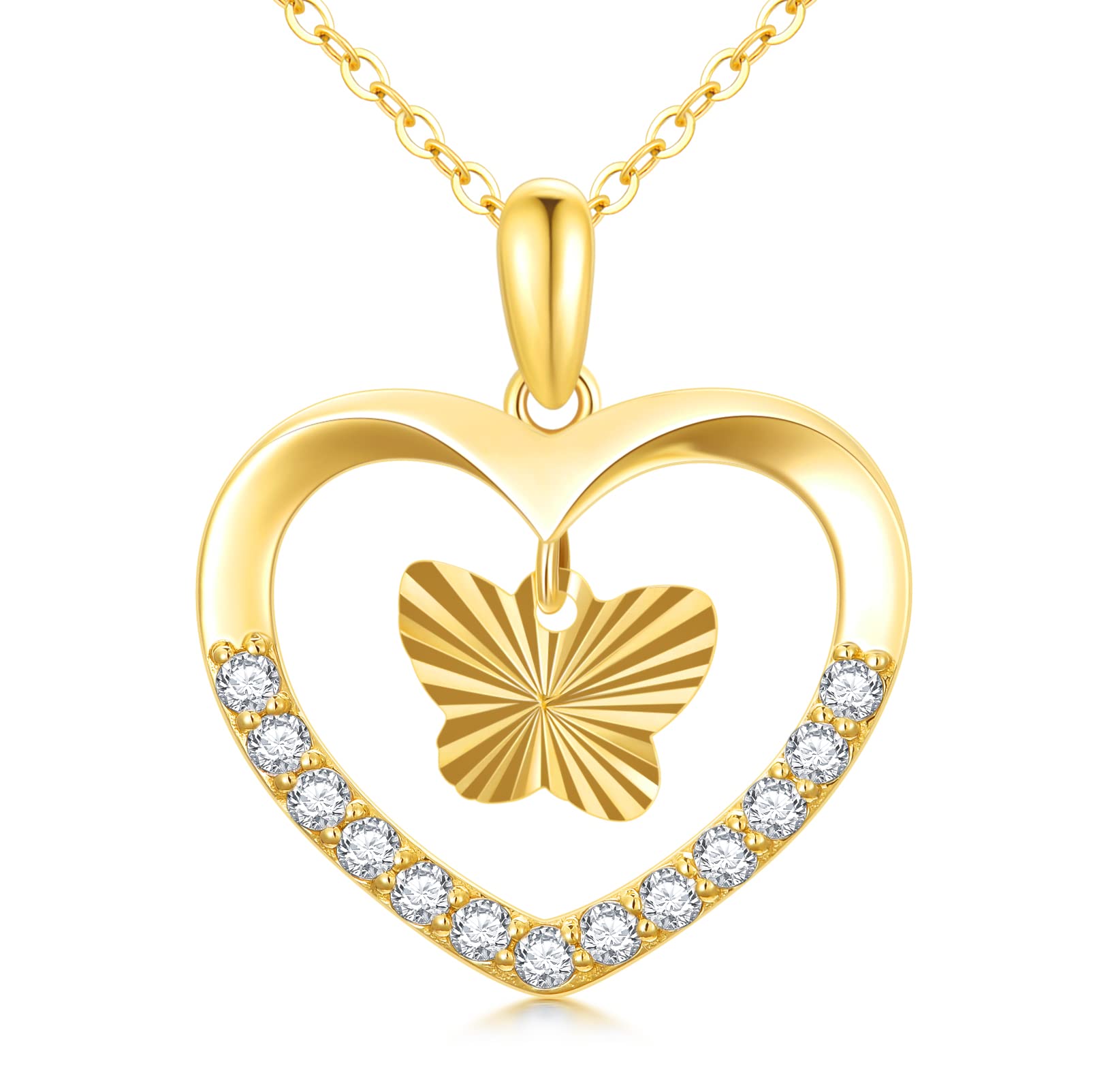 SISGEM 14K Real Gold Heart Necklace for Women,Yellow Gold Diamond-Cut Butterfly In Heart Pendant Necklaces with Moissanite,Anniversary Birthday Gifts for Lover Wife Grandma,16''-18''