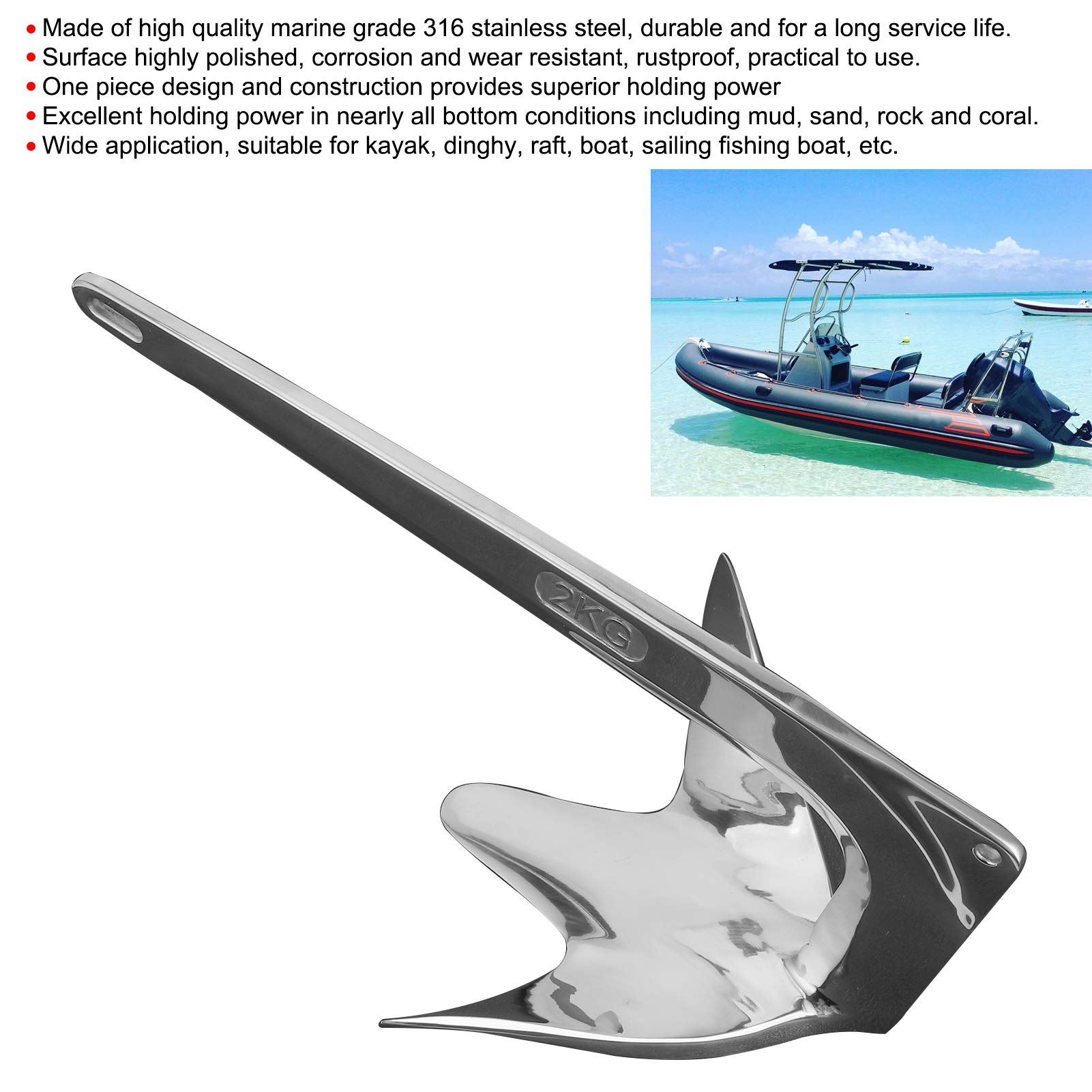 Claw Anchor Qiilu 4.4 lbs 2 kg 316 Stainless Steel Claw Boat Anchor Boats from 15β22 ft Marine Accessories