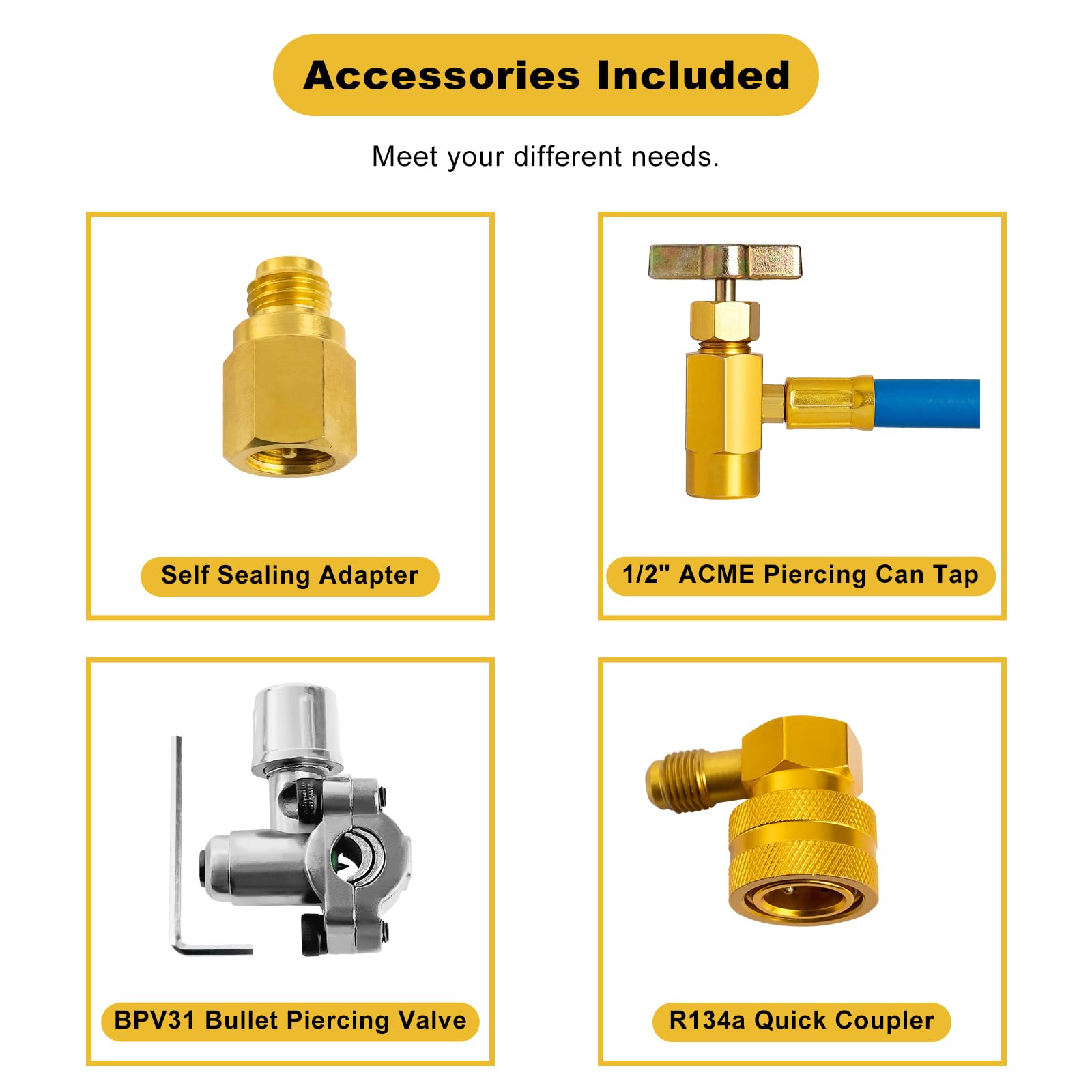 Belleone R134a Refrigerant Recharge Kit with BPV31 Bullet Piercing Valve and R134a Quick Coupler, R134a/R-12/R-22 Freon Refrigerant Hose Can Tap Kit for A/C System - Easy to use
