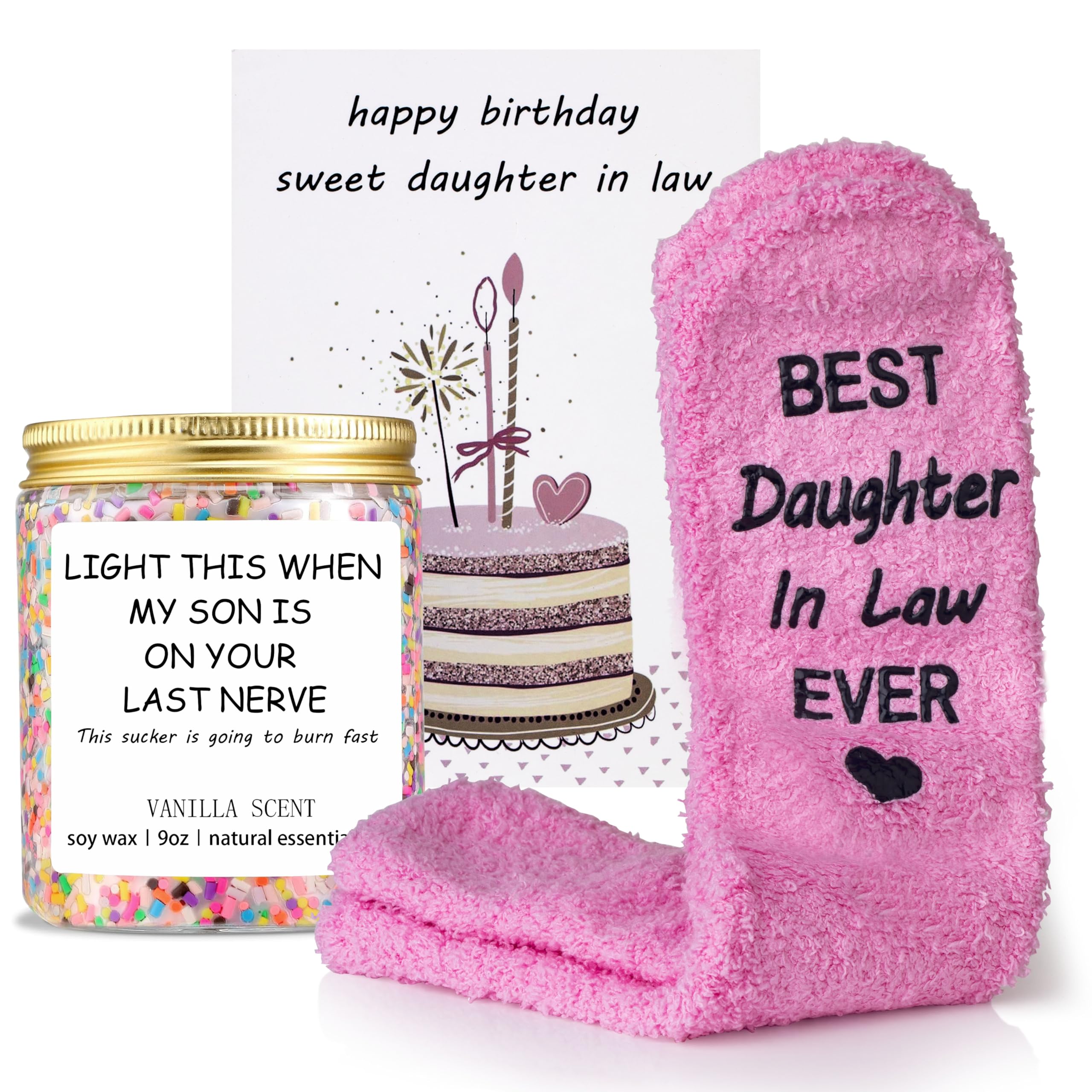 Daughter in Law Gift Baskets - Daughter in Law Gifts from Mother in Law - Daughter in Law Birthday Gifts - Mothers Day Gifts for Daughter in Law, Daughter in Law Birthday Candle, Card, Sock