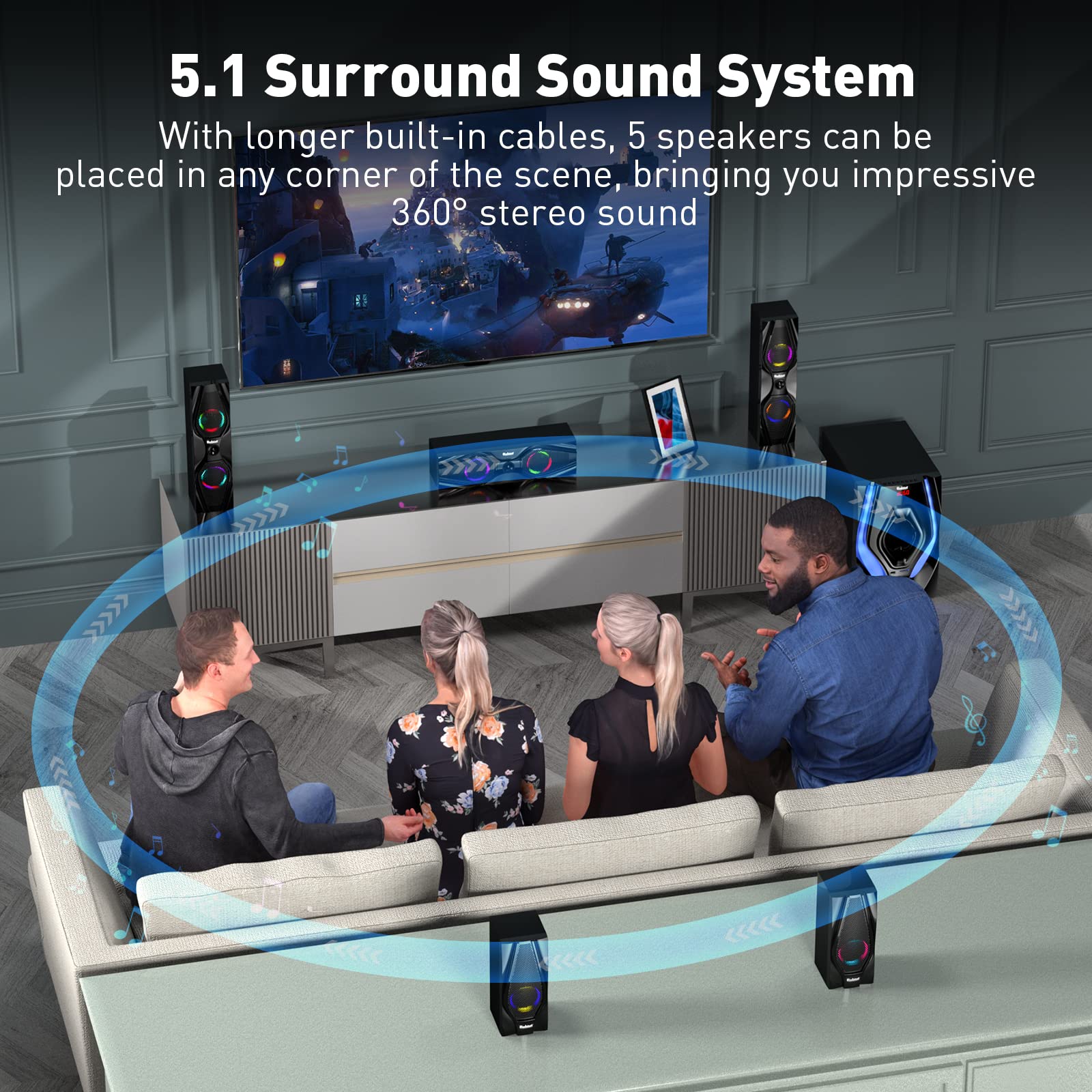 Bobtot Surround Sound Speakers 1200W Peak Power Home Theater System with RGB Lights - 10" Subwoofer 5.1/2.1 Wired Stereo System Strong Bass Bluetooth Input Home Audio System