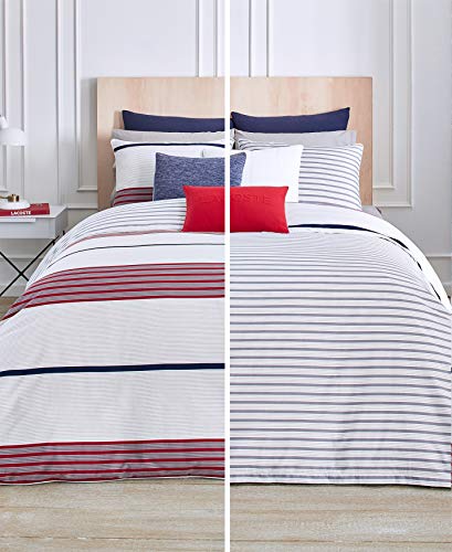 Lacoste 3-Piece Milady Cotton Duvet Cover Set, Reversible Stripes, Red, Full/Queen