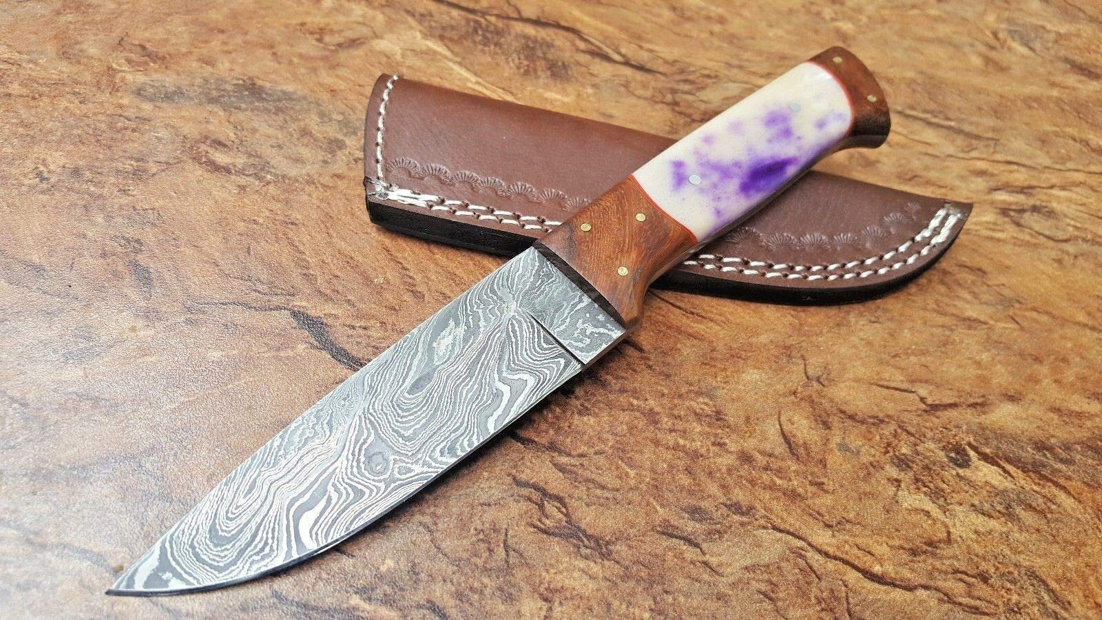 CarePro Hand Forged Damascus Steel Knife Colored Bone Handle Custom Made Hunting Knife
