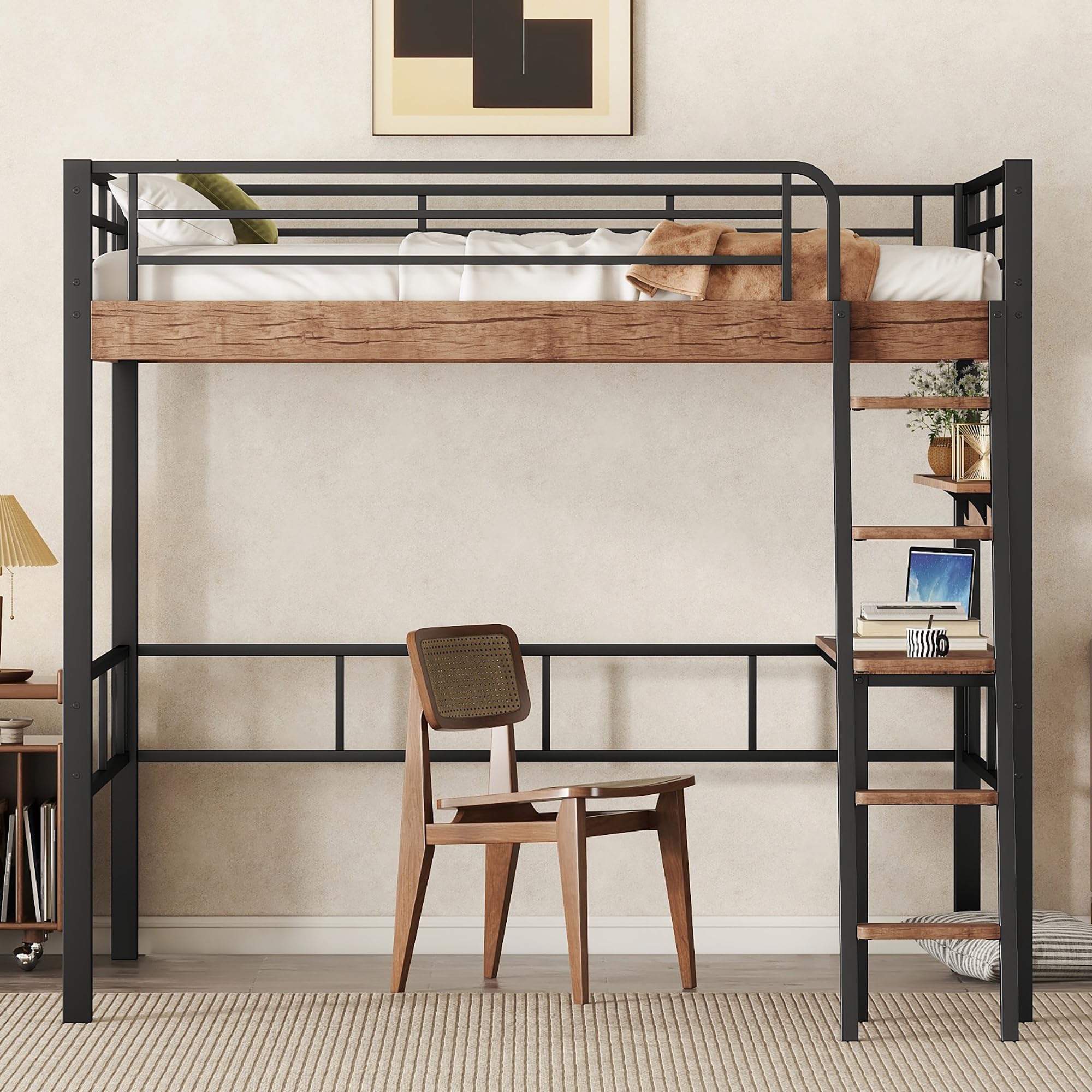 Full Size Loft Bed with Desk and Storage Shelf, Metal Loft Bed Full Size with Wider Ladder and Full Length Guardrail, Full Size Loft Bed for Kids, Teens, Full Size Loft Bed Black+Natural