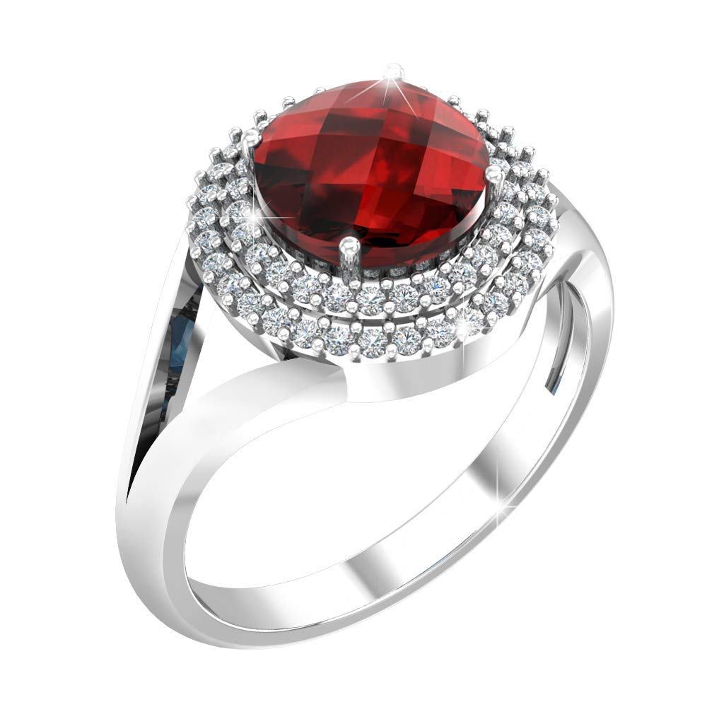 Belinda Jewelz Ring for Womens 925 Sterling Silver Red Garnet Gemstone Ring 8mm Round Double Halo 1.96 Carat Band Ring Jewelry Engagement Wedding Gift, Size 8