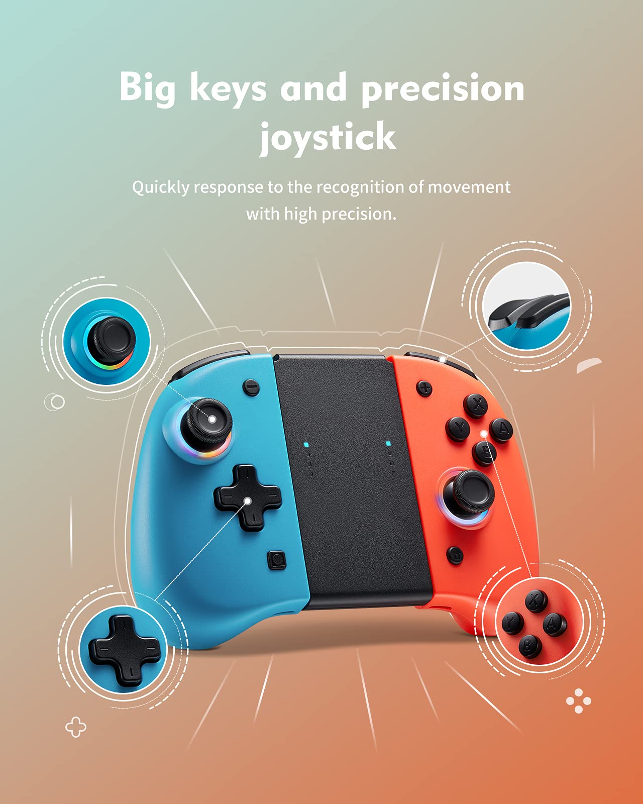 binbok Joypad for Switch, Wireless Controller 8 LED Colors, Remote Gamepad, Adjustable Turbo, Vibration, Ergonomic, Switch Console Accessories, Back Button (RED&BULE)