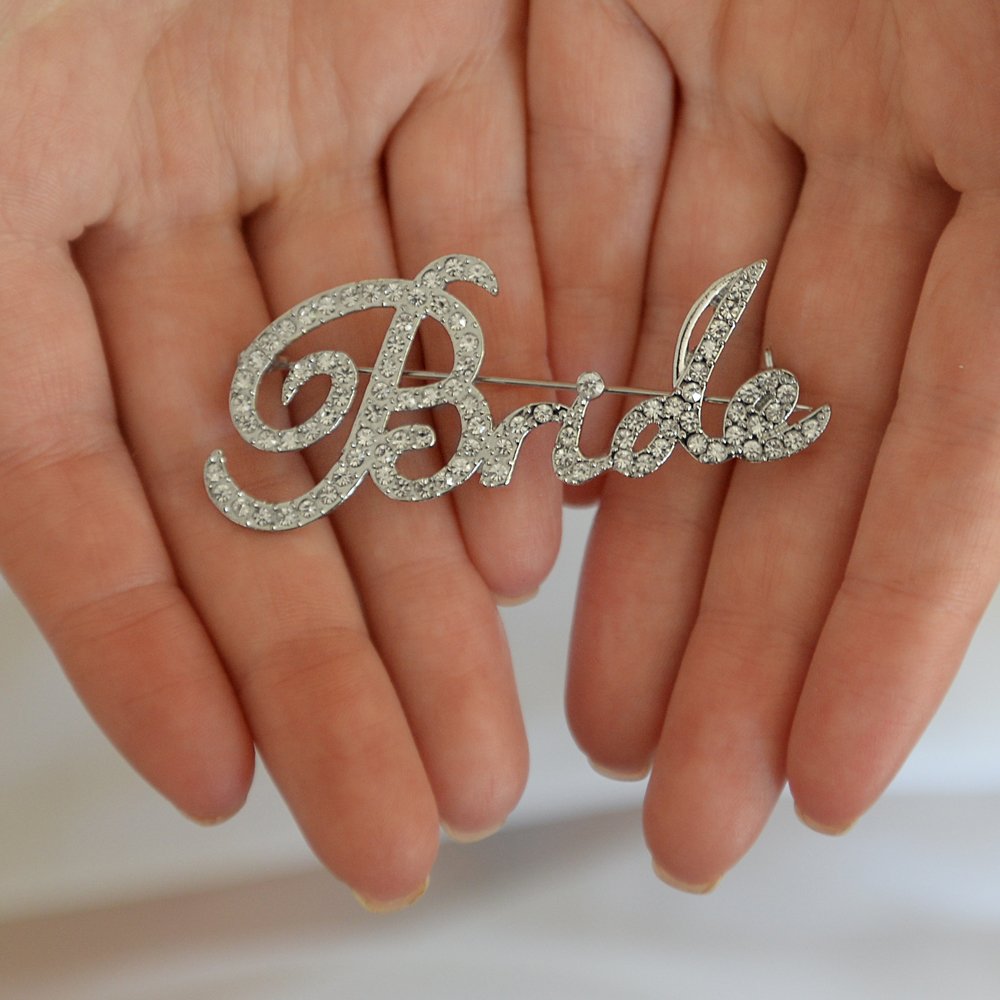 Mariell Rhinestone Crystal Bride Word Brooch Pin in Script Lettering, Bachelorette & Bridal Shower Gift