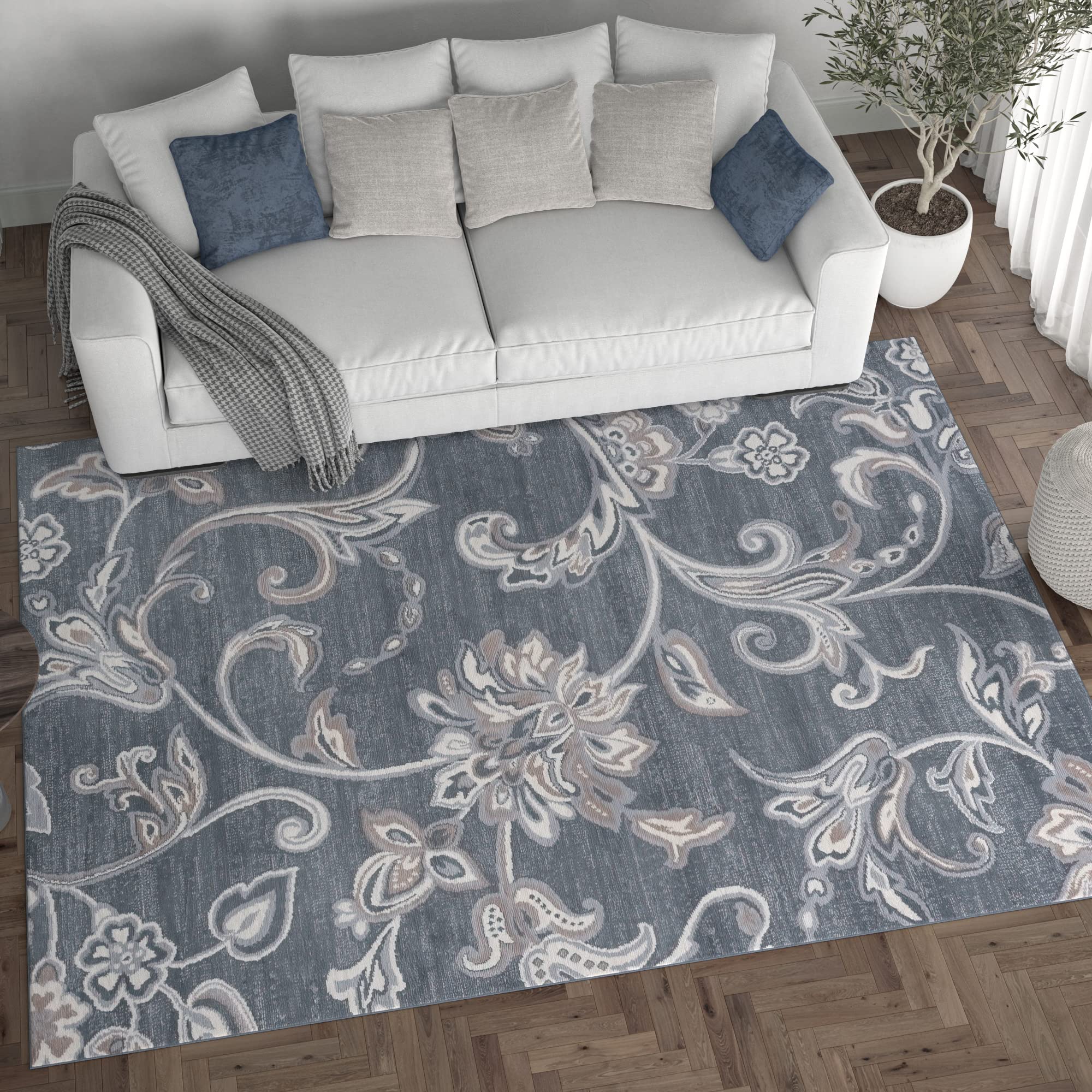 Garland Transitional Floral Dark Gray Rectangle Area Rug, 7.6' x 10'