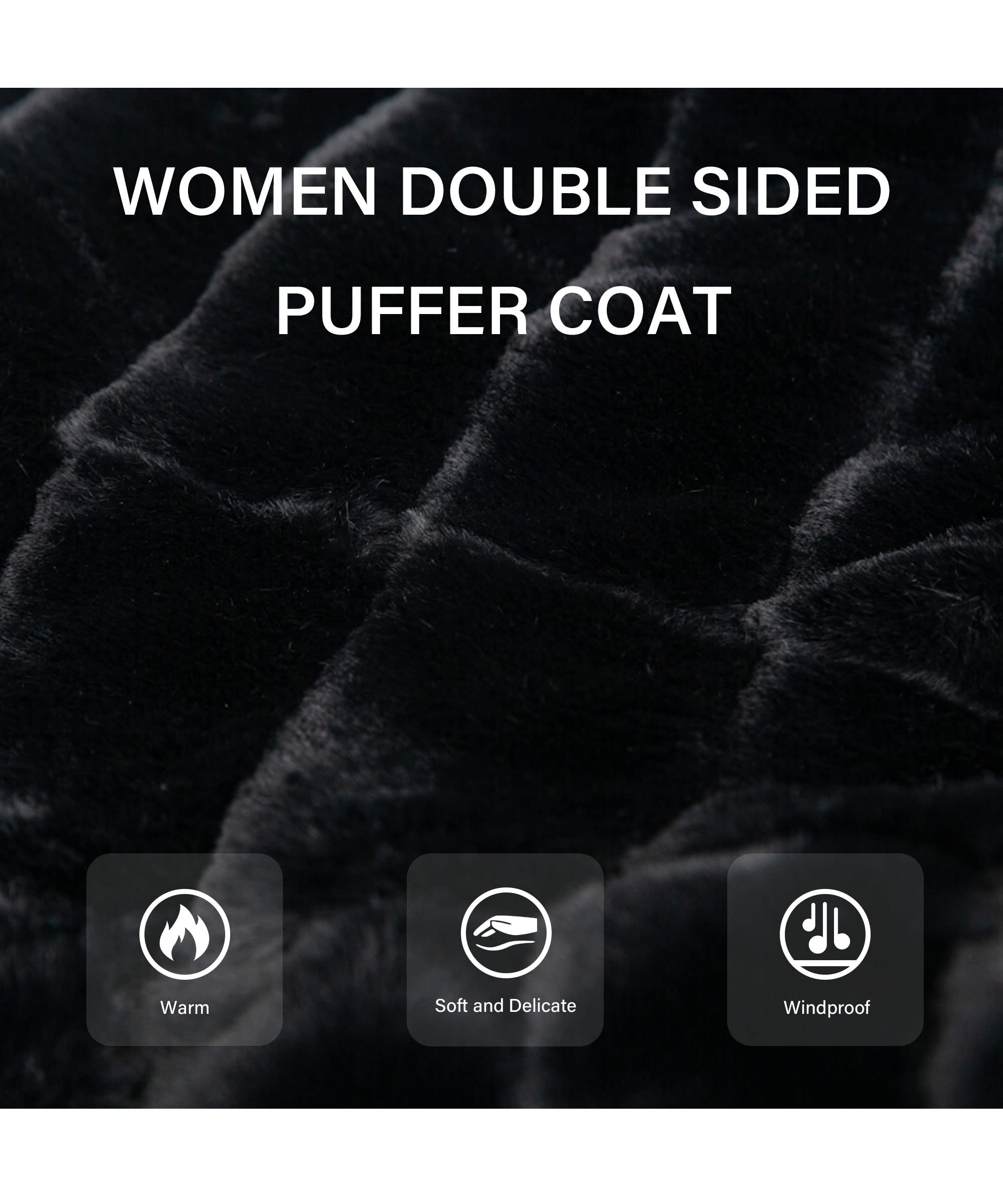 Bellivera Women Double Sided Faux Fur Jacket with Fur Collar, The Puffer Coat Worn on Both Sides 19225 Black S