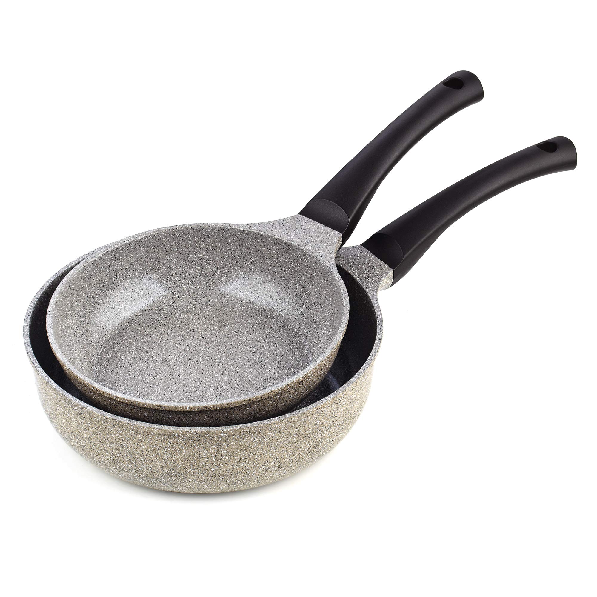 Cook N Home Nonstick Saute Skillet Pans 8 inch + 9.5 inch 2pc Set, Ceramic Marble Coating Deep Frying Pan Wok Stir-Fry SautĂŠ Pan, Earth