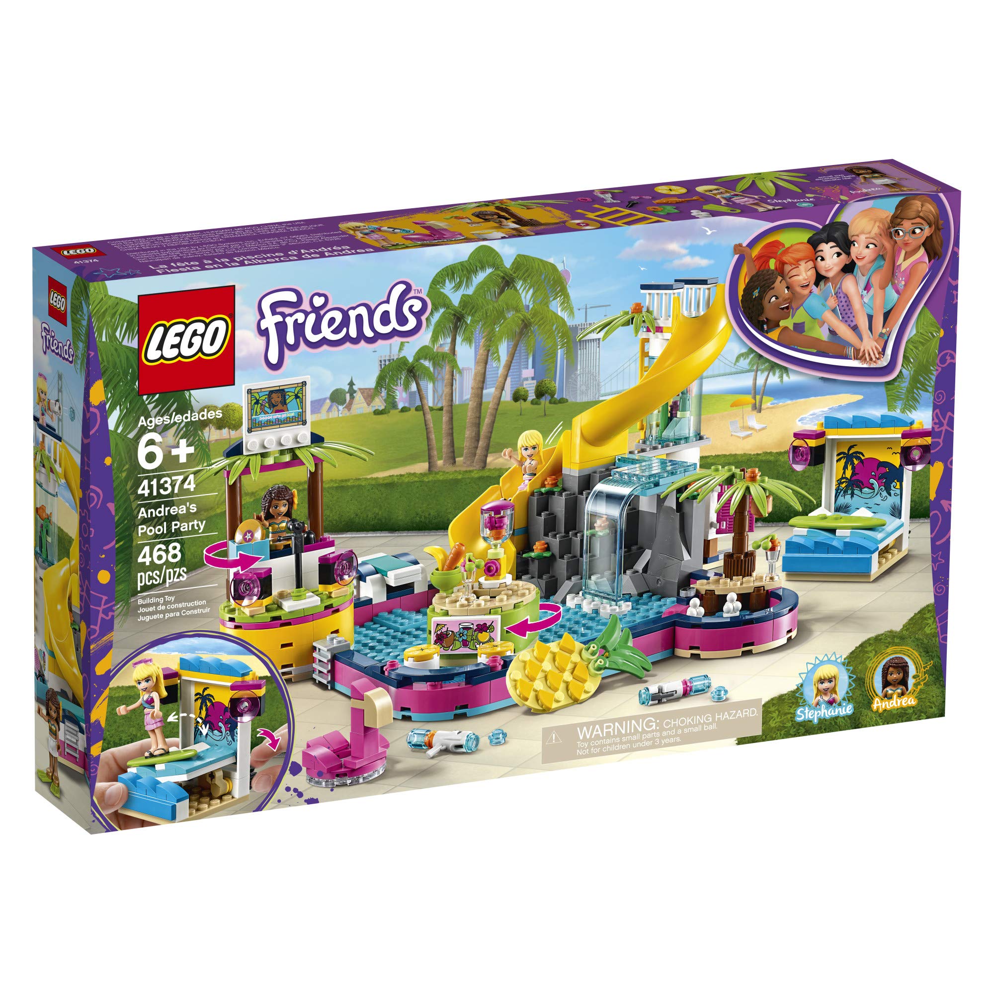 LEGO Friends Andrea's Pool Party 41374 Toy Pool Building Set with Andrea and Stephanie Mini Dolls for Pretend Play, Includes Toy Juice Bar and Wave Machine (468 Pieces)