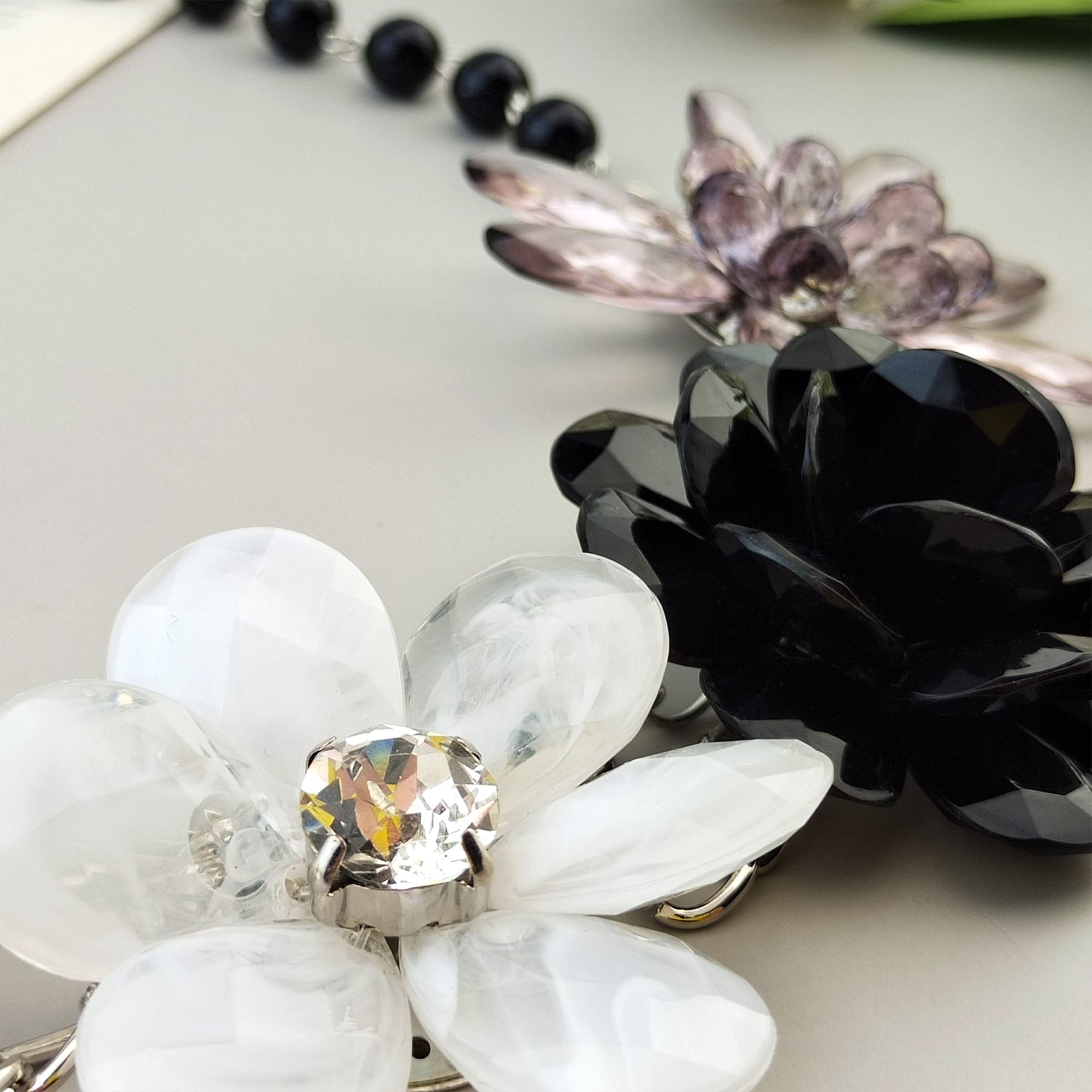 Bocar 5 Flower Braided Crystal Statement Chunky Necklace Bib Collar Pearl Jewelry for Women (NK-10127-black)