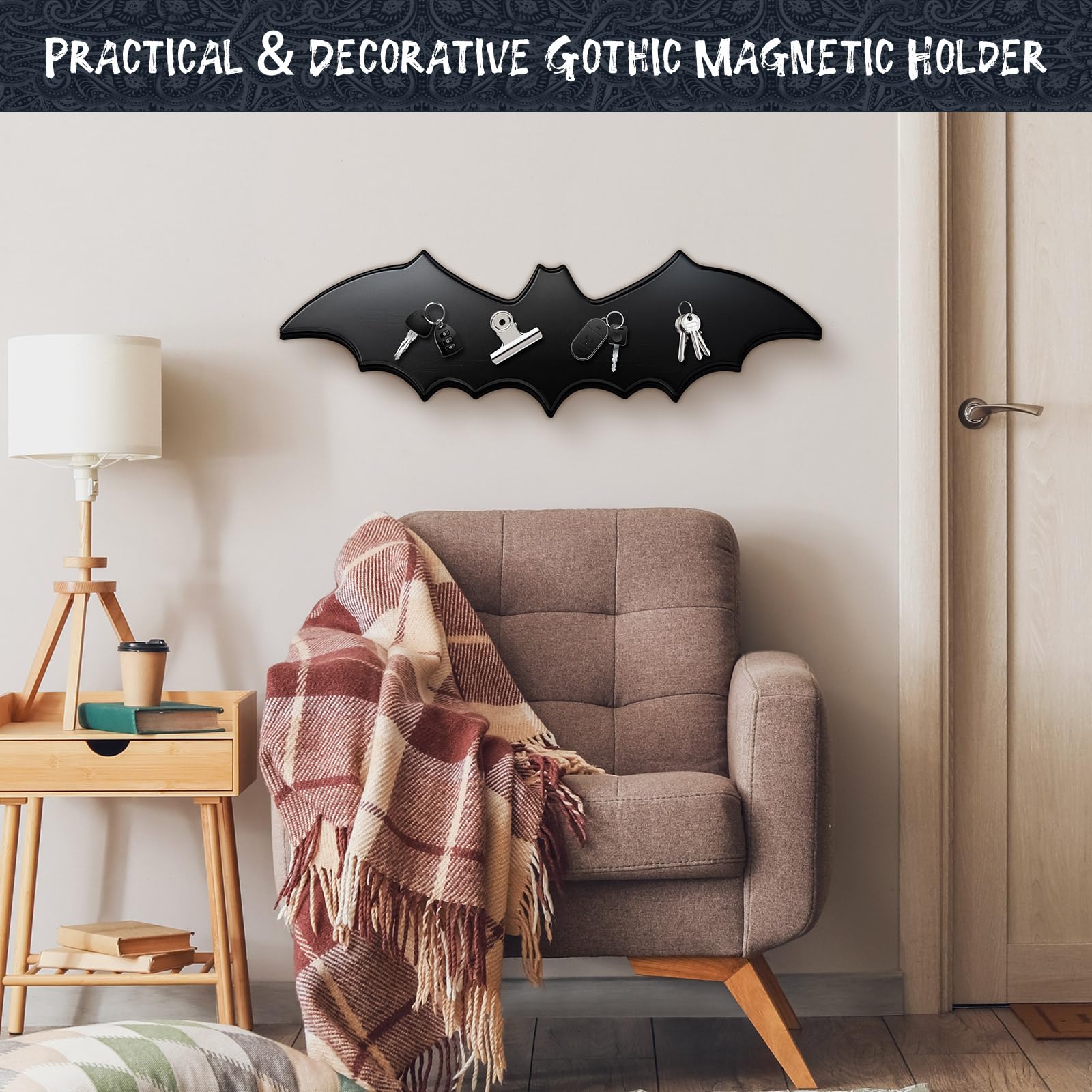 Faivykyd Bat Shape Magnetic Knife Holder, 15.8 Inch Black Knife Magnetic Strip for Gothic Wall Decor, Spooky Gothic Room Powerful Magnet Rack, Kitchen Utensils Organizer, Goth Lovers Gifts