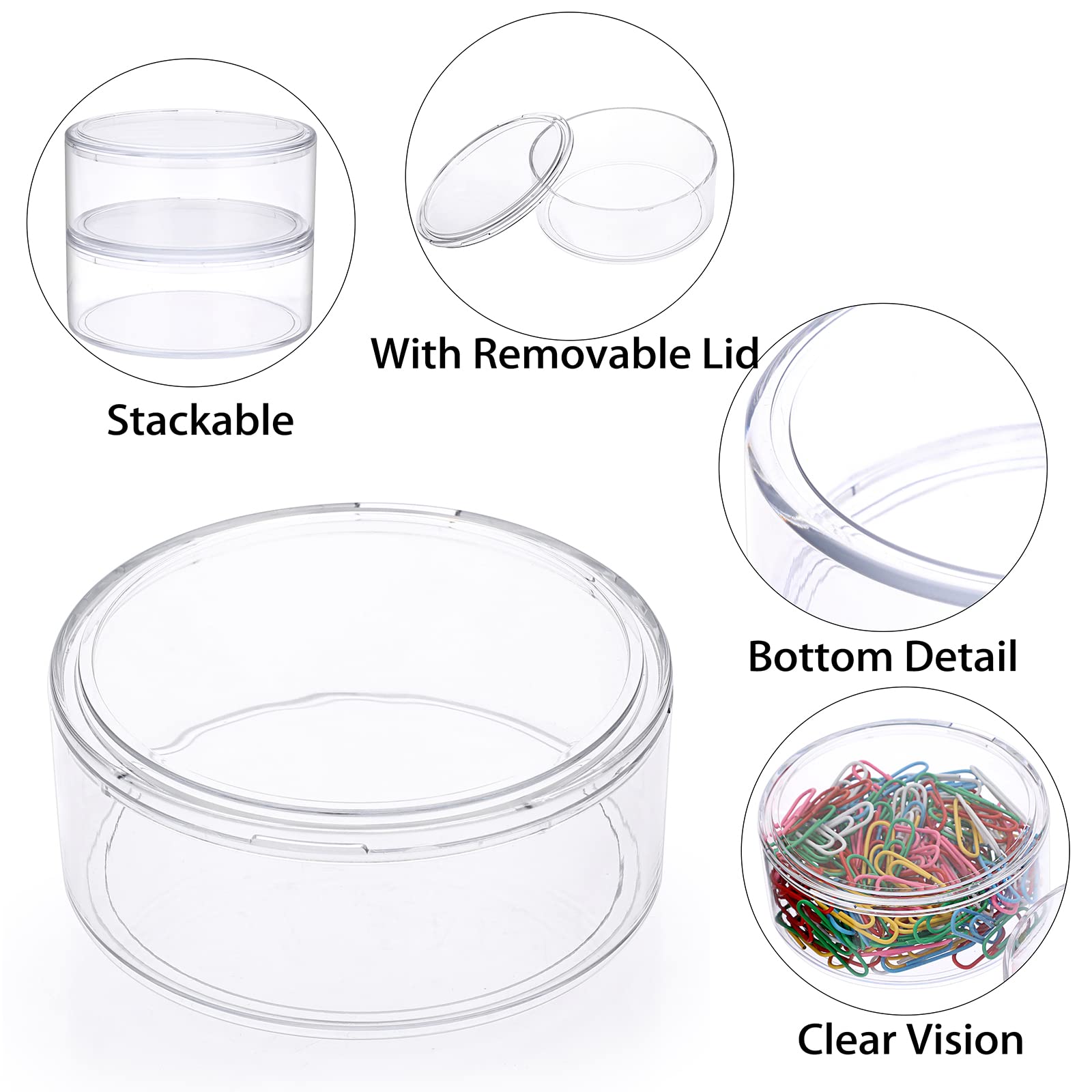 BTSKY Clear Plastic Small Storage Containers with Lid Mini Clear Boxes for Organizing Stackable Paper Clips Holder Multi-use Bead Organizers for Clips, Rhinestones, Hairpins and Candy, 4PCS Round