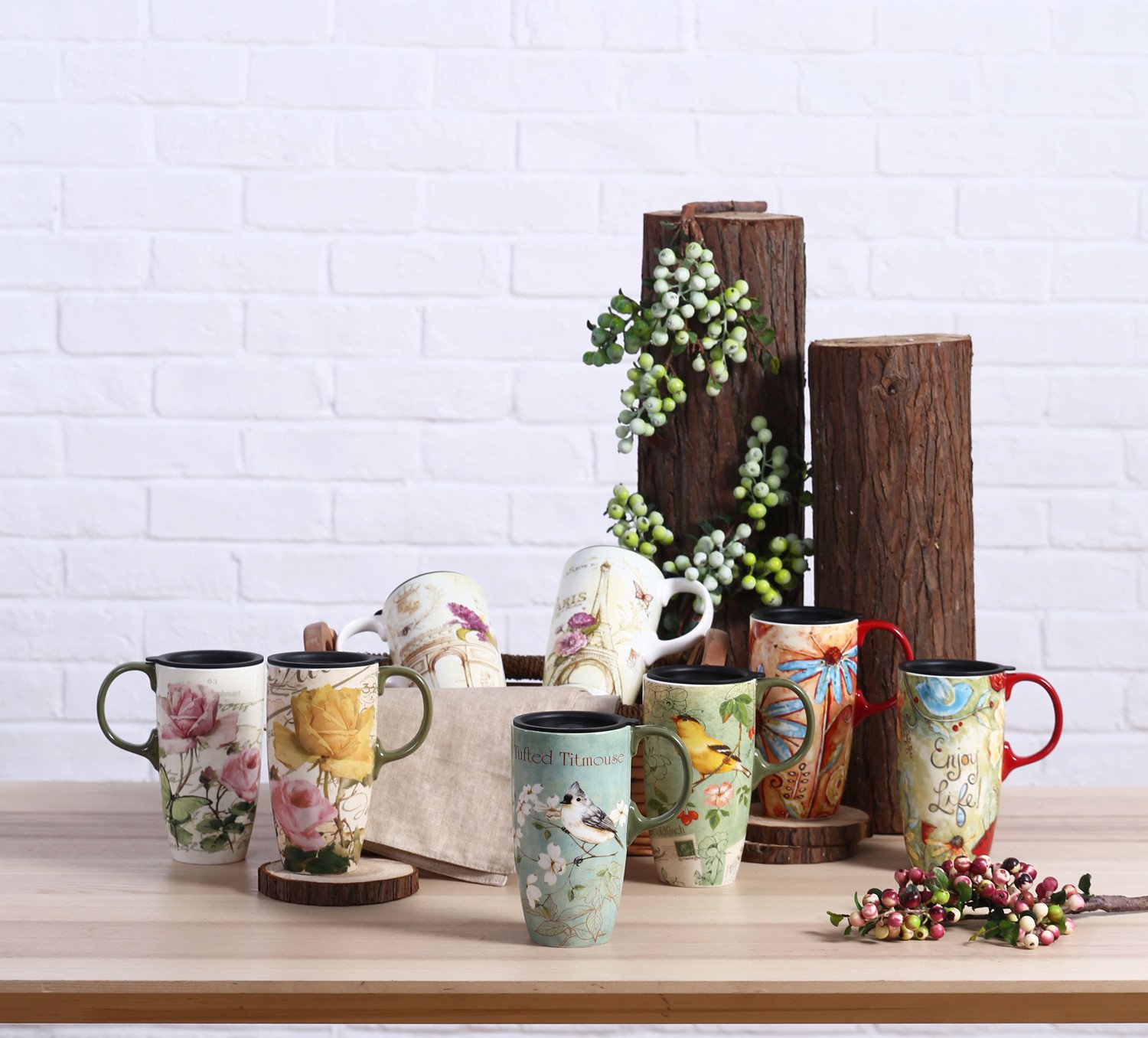 CEDAR HOME Travel Coffee Ceramic Mug Porcelain Latte Tea Cup With Lid in Box 17oz., Flower Enjoy Life, 2 Pack