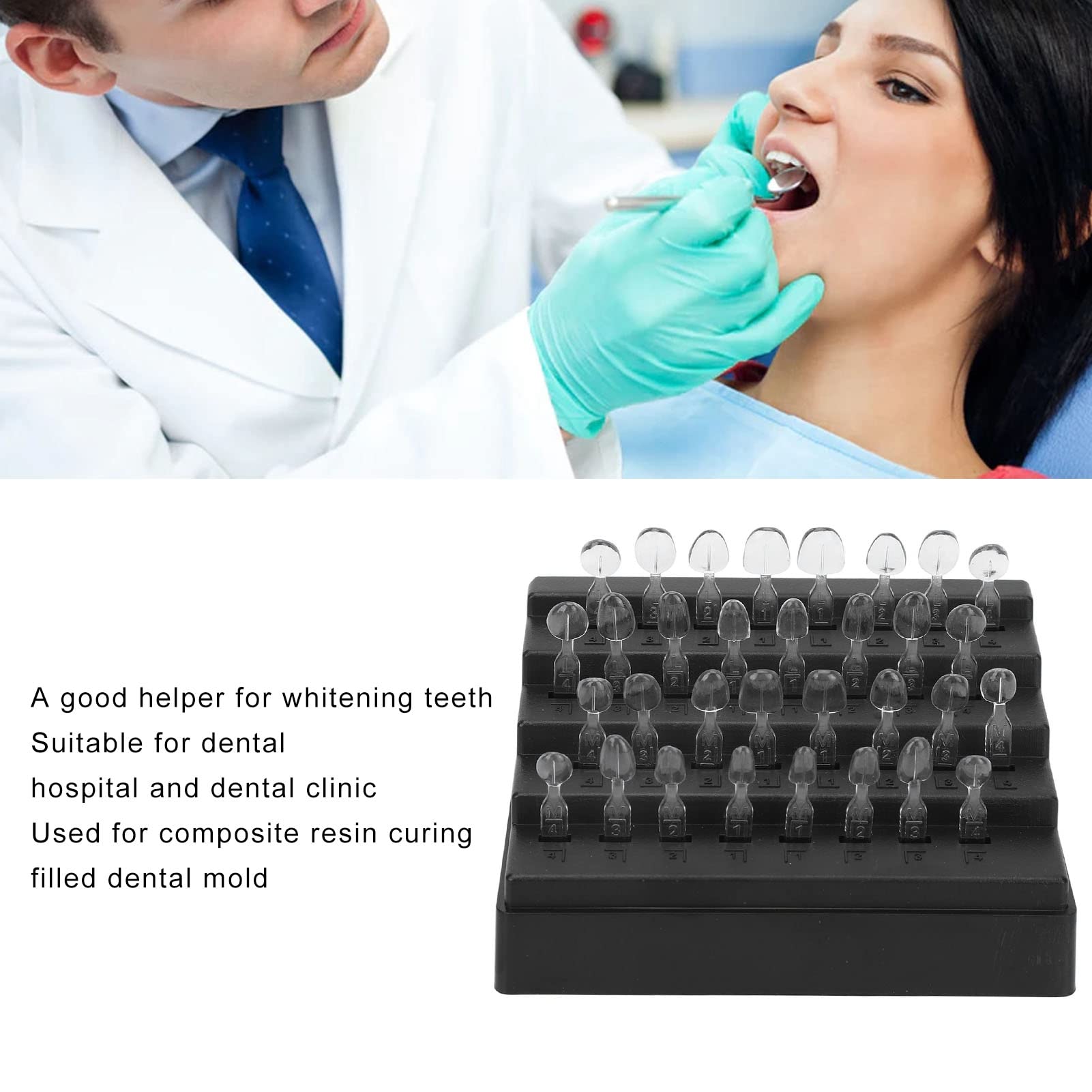 Composite Resin Denture Teeth mould, 32pcs High Temperature Resistance Teeth Veneer mould Different Shapes Front Back Upper Lower Temporary Fake Tooth mould for Men and Women, Pack of 1