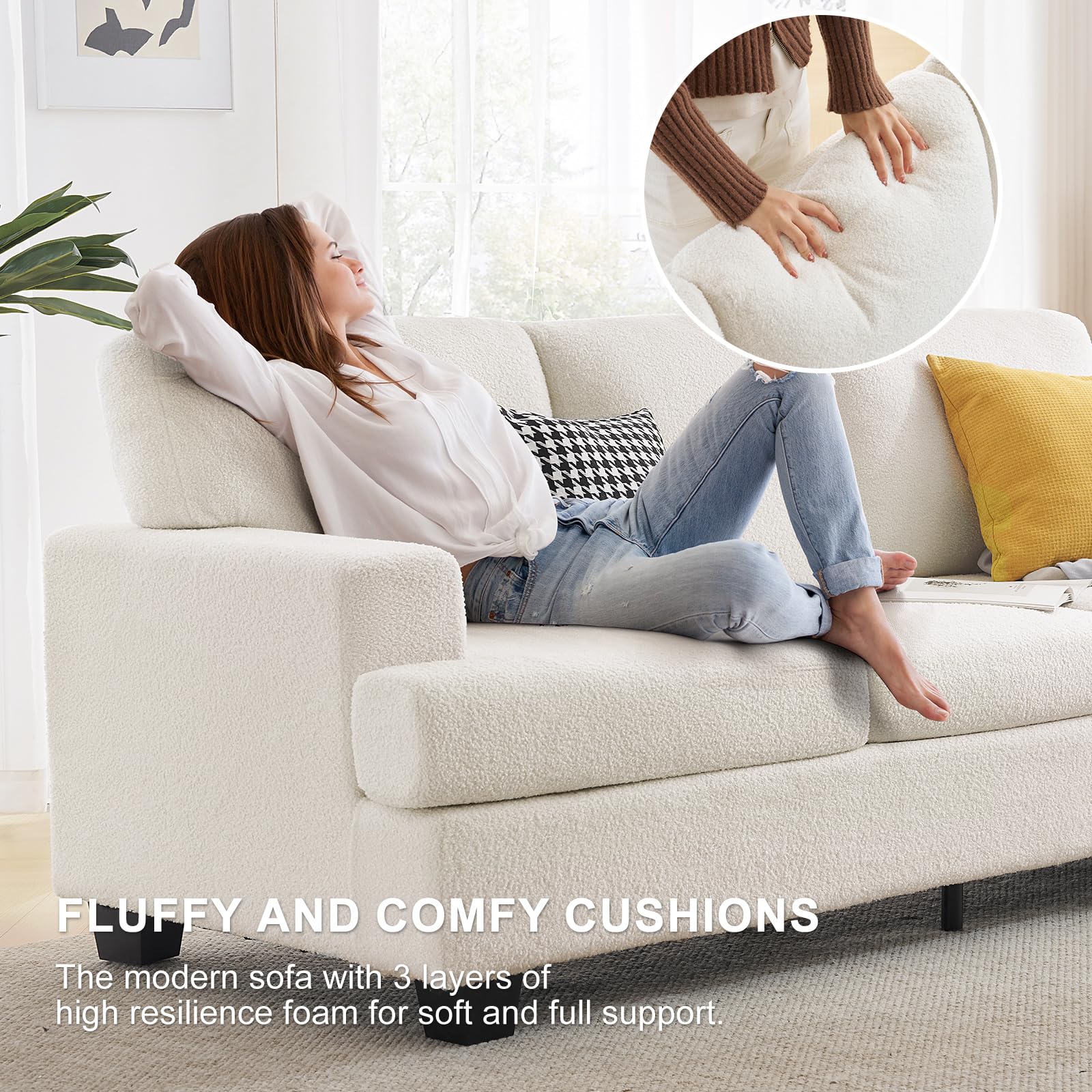 ELUCHANG 80" Deep Seat Sofa Couches for Living Room, 3 Seater Sofa Teddy Cloud Sofa Modern Sofa Couch with Removable Cushion&Detachable Cover, Comfy Sofa for Small Space, Apartment, White, Set of 1