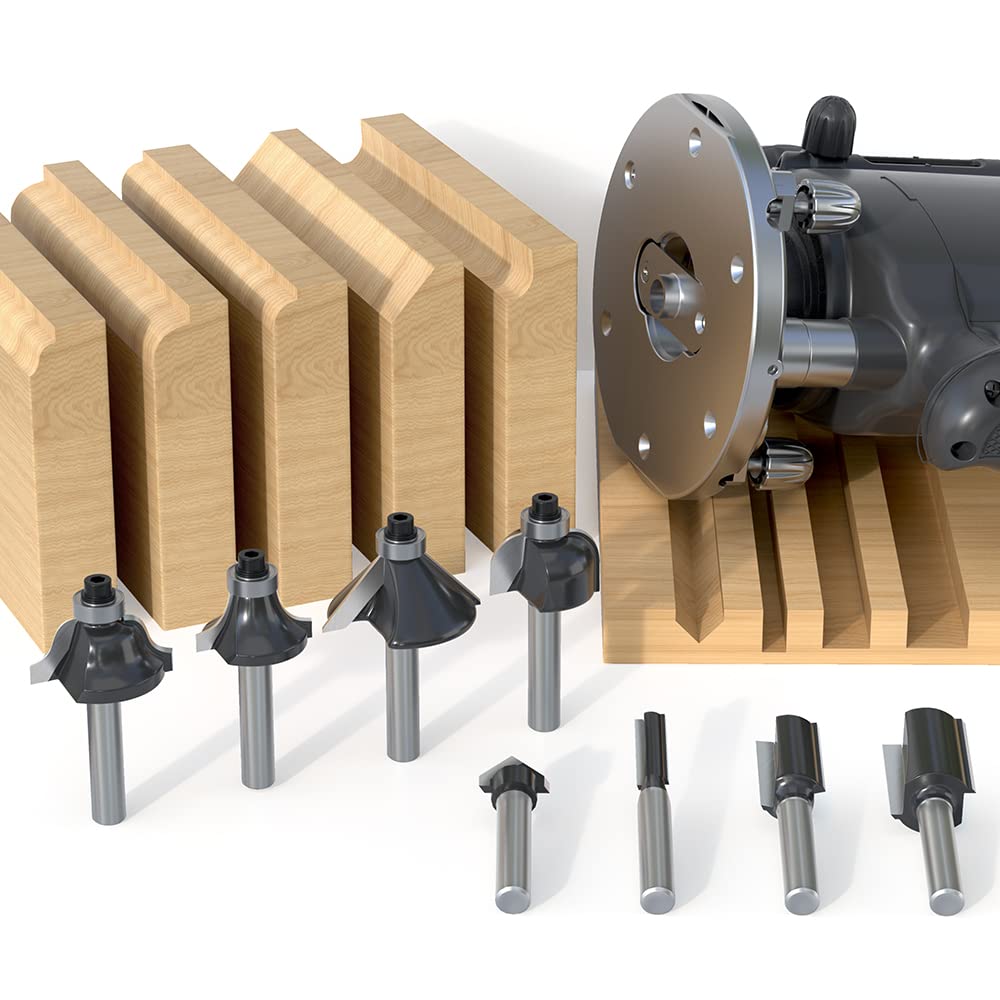 Fivepears 12 Pieces Tungsten Carbide Router Bit Set 1/4 Inch Shank for Beginners Woodworking, Include Straight, Dovetail, Chamfer, Cove, Flush Trim, Round Over, 90 V Grooving, Raised Panel Router Bit