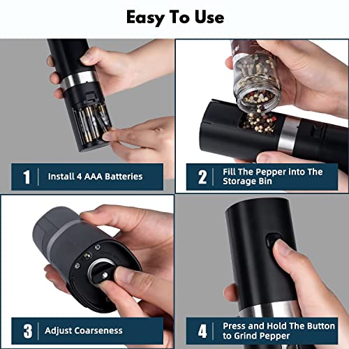 Electric Pepper Grinder, Battery Operated Salt Grinder, Automatic Pepper Mill with LED Light, One-hand Button Control, Adjustable Coarseness, Black Peppercorn Grinder Refillable, Battery Not Included