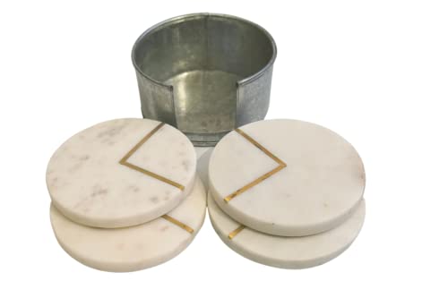 Hand Carved Natural White Marble Coasters - Set of 4 Half Mango Wood or Half Brass - Round Marble Coasters Set for Drinks. Brass/Wood & Marble Home Decor - Marble Coaster Set (Marble & Brass)
