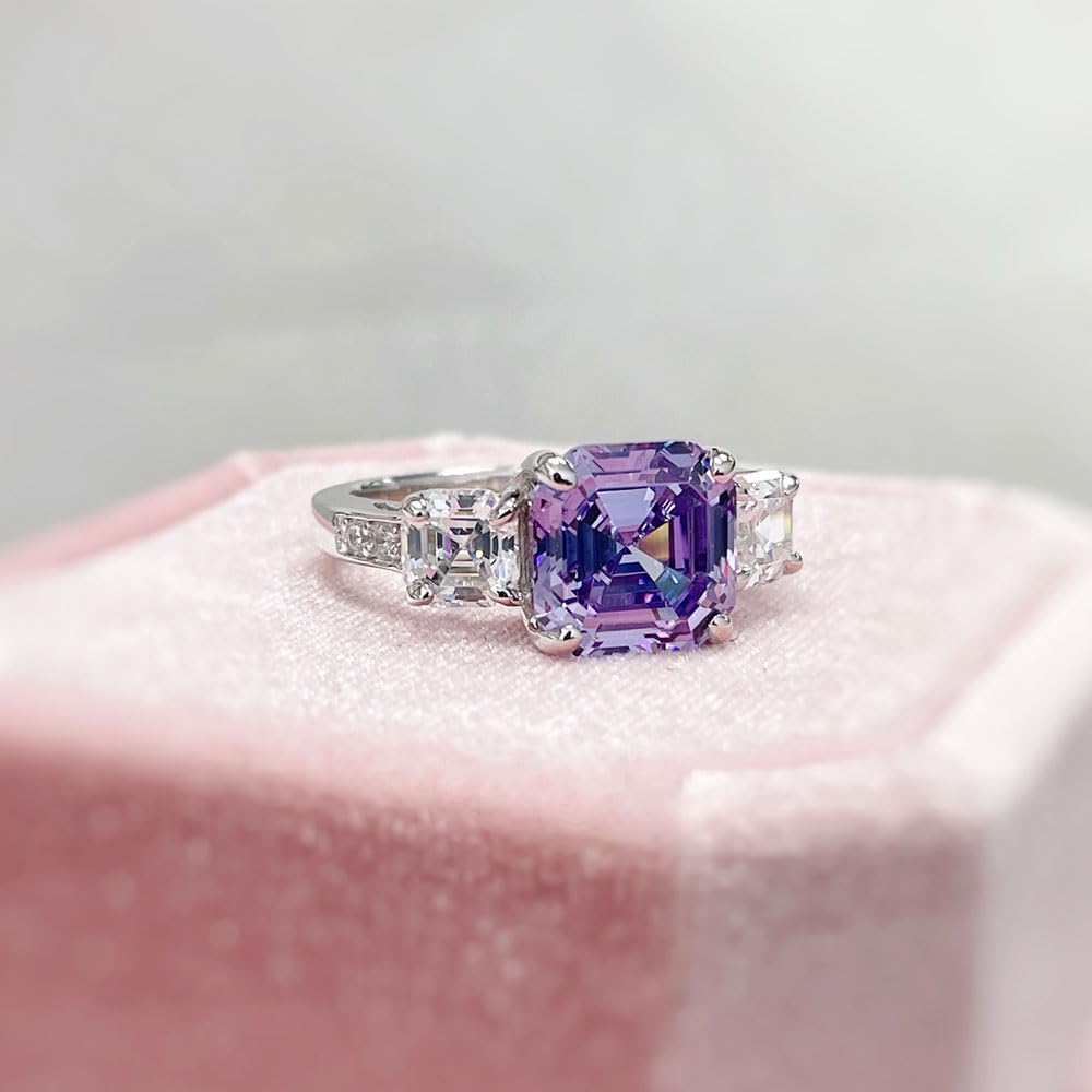 BERRICLE Sterling Silver 3-Stone Wedding Engagement Rings Purple Asscher Cut Cubic Zirconia CZ Statement Cocktail Anniversary Ring for Women, Rhodium Plated Size 4
