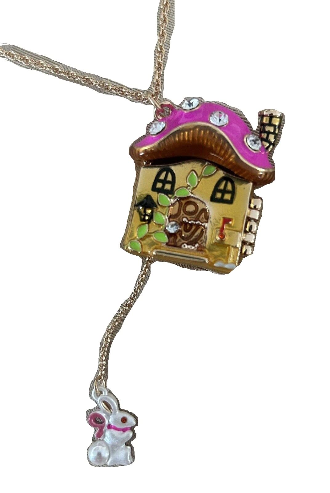 Betsey Johnson Mushroom House Bunny Pendant Slider Necklace Faux Pearl