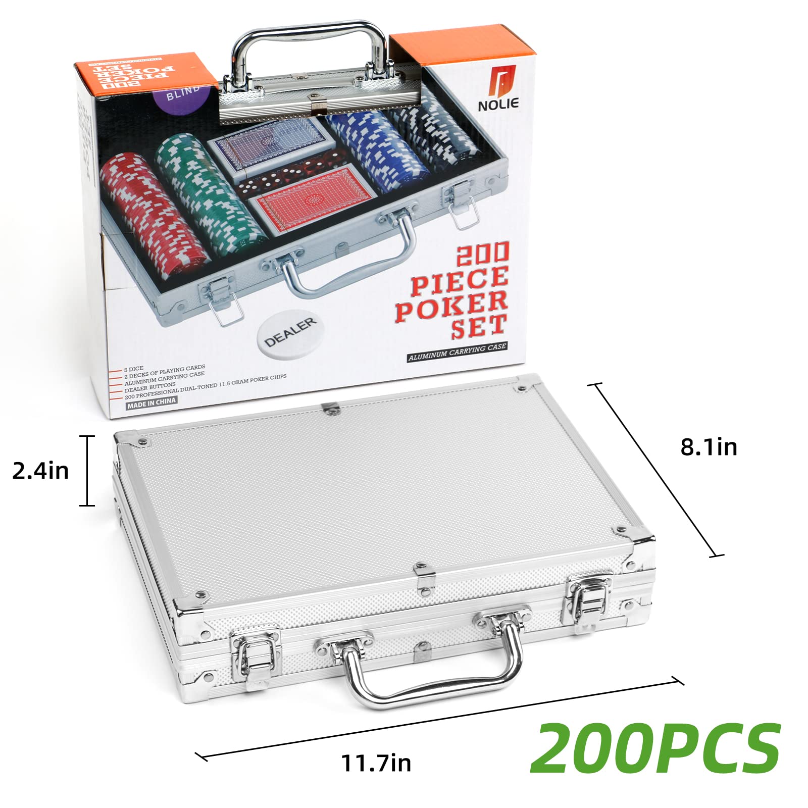 NOLIE Casino Poker Chip Set 200 PCS with Reinforced Aluminum Case for Gambling(11.5 Gram)