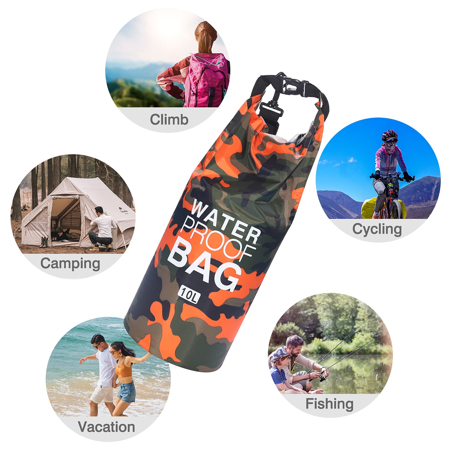 Cargo Women's Men's Waterproof Dry Bag, 10L Roll Top Lightweight Storage Bag Shoulder Backpack Dry Bag, Suitable for Beach, Camping, Kayaking, Surfing, Rafting, Boating, Swimming. (Orange)