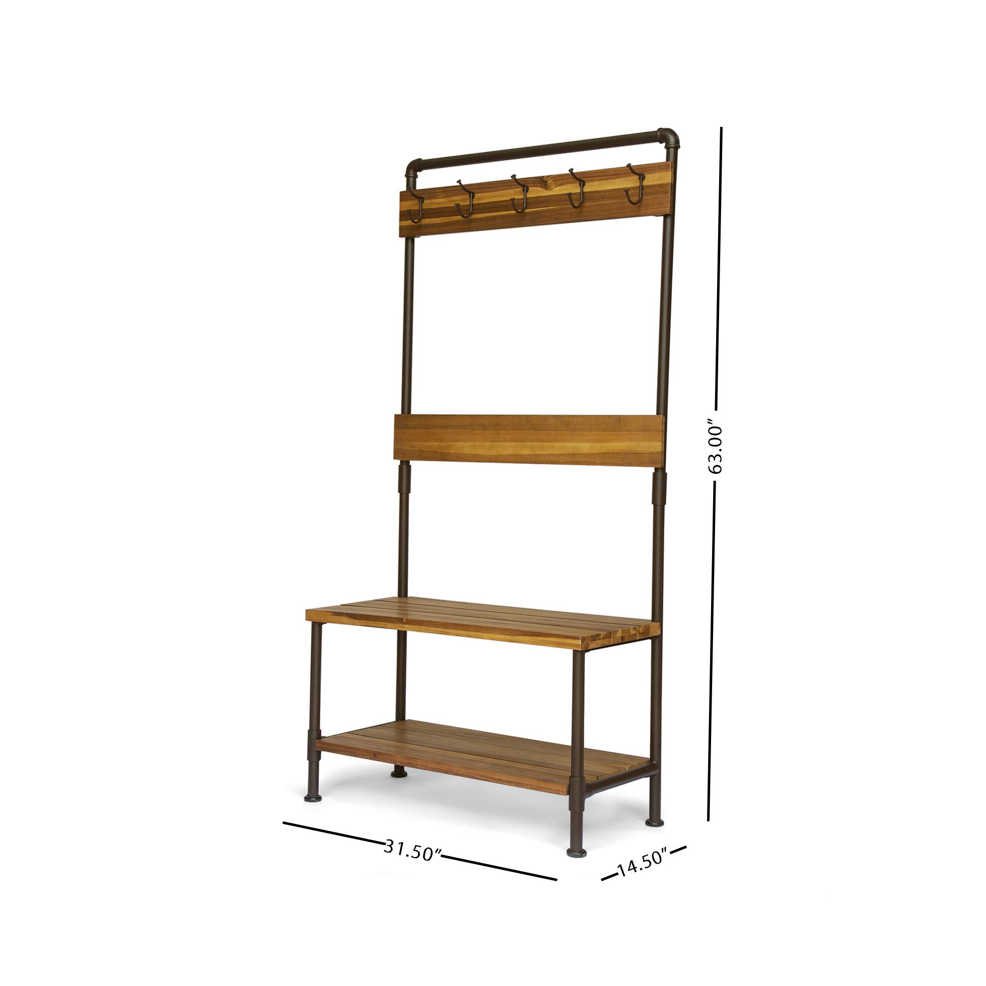 GDFStudio Outdoor Industrial Acacia Wood Bench with Shelf and Coat Hooks, Teak Finish