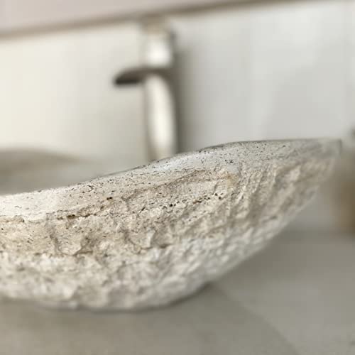 EDUPET Tan Travertine Chiseled Stone Bathroom Vessel Sink - Oval Canoe Shape - 100% Natural Marble, Hand Carved - Free Matching Soap Tray