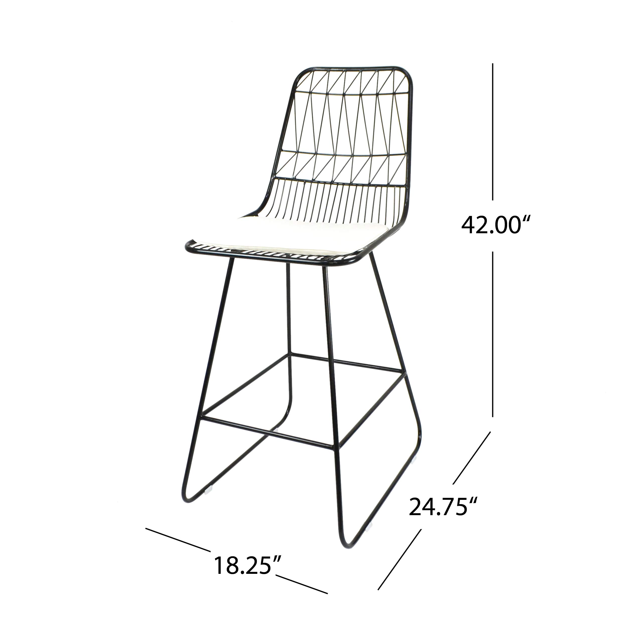 GDFStudio Outdoor Counter Stools, 26" Seats, Modern, Geometric, Black Iron Frames with Ivory Cushion (Set of 2)