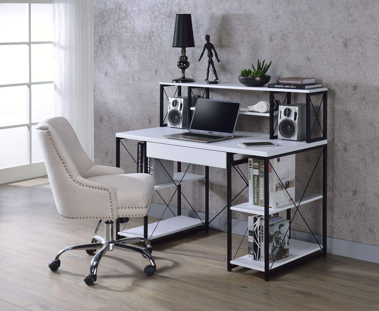 Binrrio 47" Computer Desk, Modern White Home Office Desk, Wooden Compact Writing Study Table Gaming Desk, Laptop PC Table Writing Study Table Workstation with Storage Drawer & Shelves