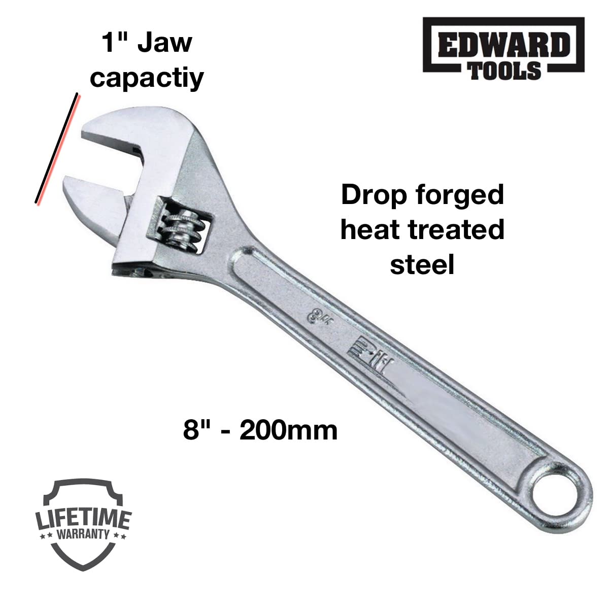 Edward Tools Adjustable Wrench - Heavy Duty Drop Forged Steel - Precision Milled Jaws for Maximum Gripping Power - Rust Resistant Finish - Tempered and Heat Treated Steel - Secure Adjustable Jaw (8")