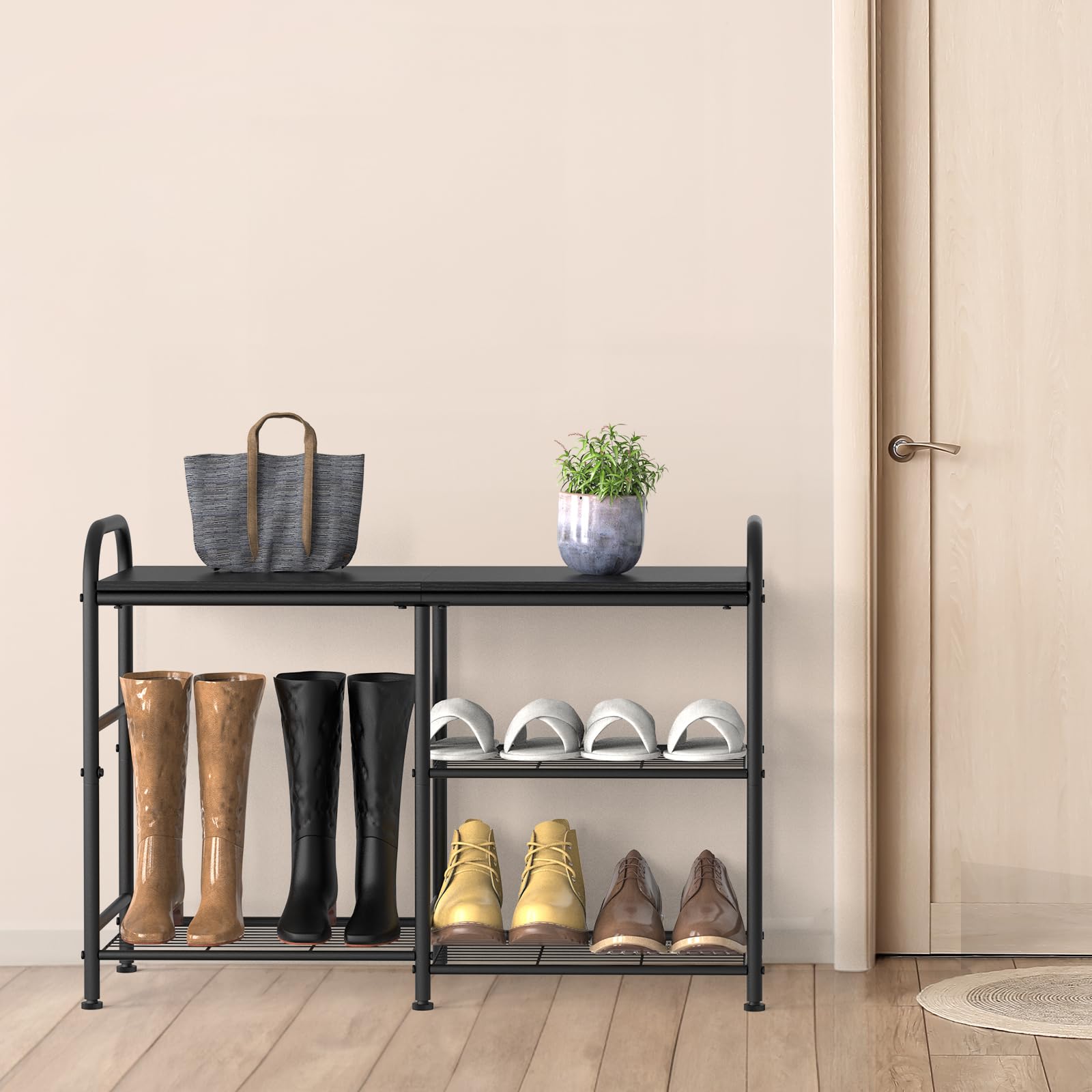Entryway Shoe Rack Organizer, Free Standing Shoe Rack for Closet with Mesh Shelves and MDF Board, Modern Black Shoe and Boots Storage Shelf for Hallway Doorway