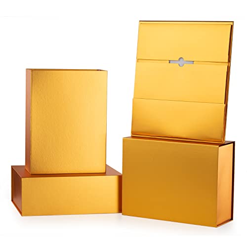 Large Gift Box 13.3x9.6x4.9 Inches,Collapsible Gift Box with Magnetic Lid,Sturdy Gift Packaging Decorative Boxes for for Wedding, Party, Birthday, Bridesmaid Proposal Boxes, Groomsman Boxes(Gold,Textured Finsh)