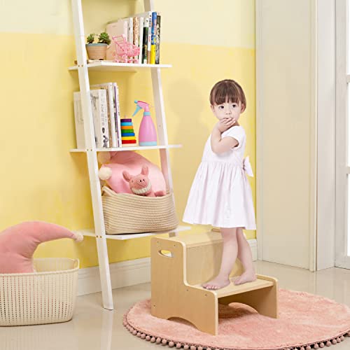 Wood City Wooden Toddler Step Stool for Kids, Bathroom Potty Stool & Kitchen Stool, Natural Two Step Stool for Bedroom, Children's Stool with Handles and Safety Non-Slip Pads