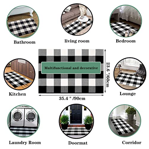 HOYIJA Buffalo Plaid Rug 2'×3'Outdoor/Indoor Black and White Checkered Samll Area Rug,Retro Cotton Woven Check Washble Entryway Front Porch Decor Rugs for Layered Welcome Front Door Mats