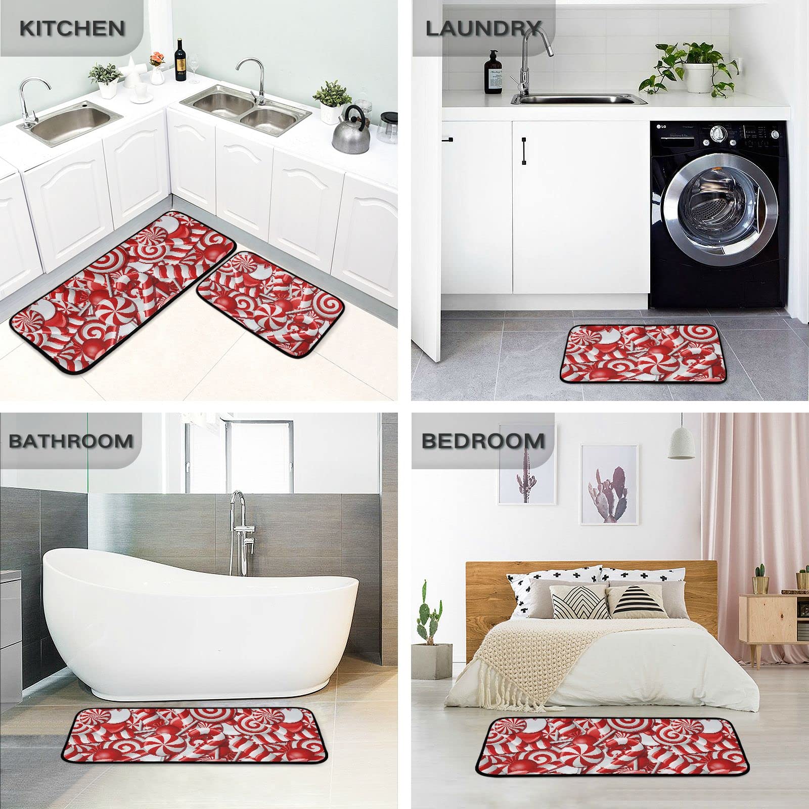 CUPADA Christmas Sweets Kitchen Rugs and Mats 2 Pcs, Candy Canes Non-Slip Floor Runner Mat for Living Room Bedroom Dorm Hallyway Home Decor 19.7"x27.6"+19.7"x47.2"