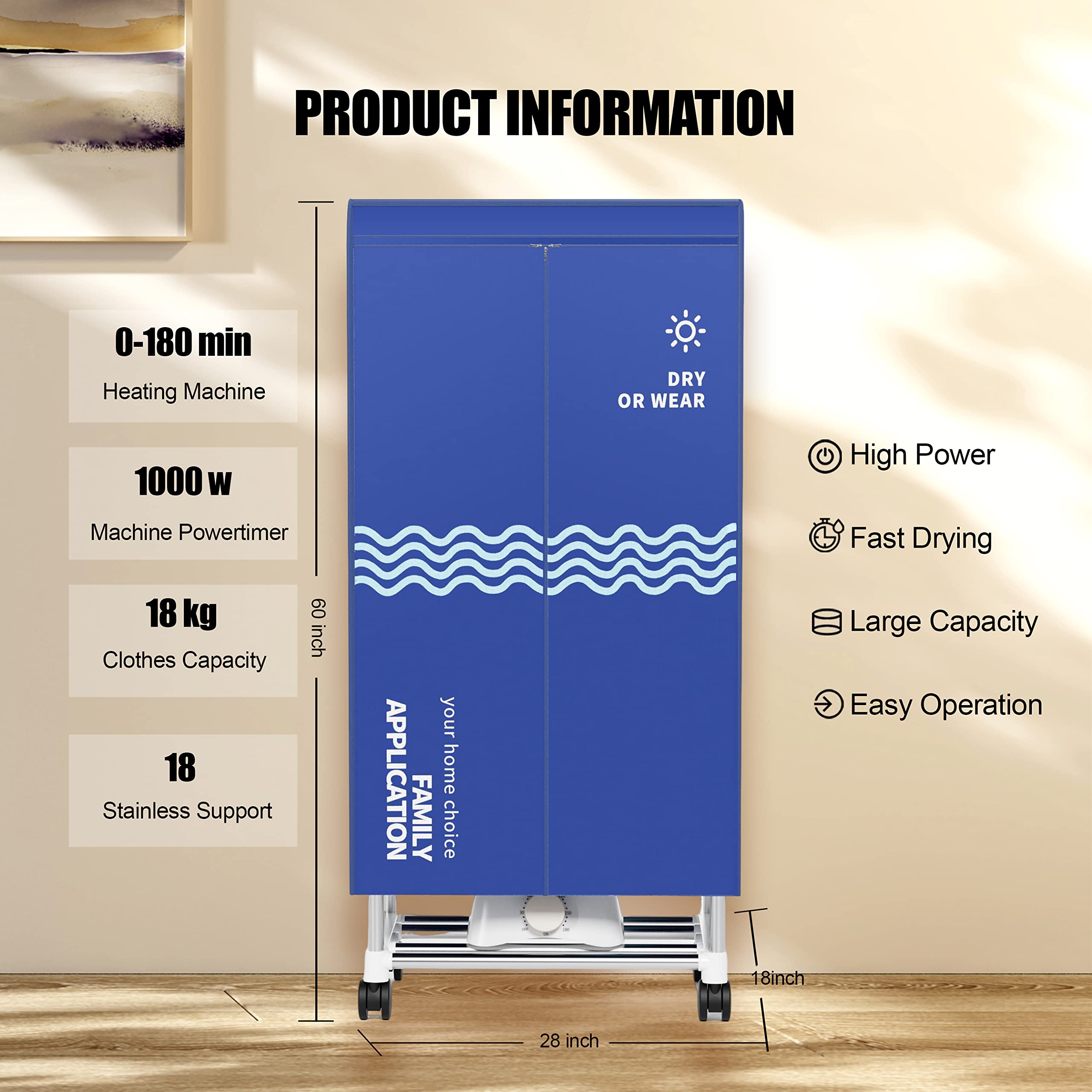 Clothes Dryer, Portable Drying Machine with Timer, 60inch Laundry Drying Wardrobe with Large Capacity, Electric Dryer/Rack for Home | Appartments (Blue SF1)