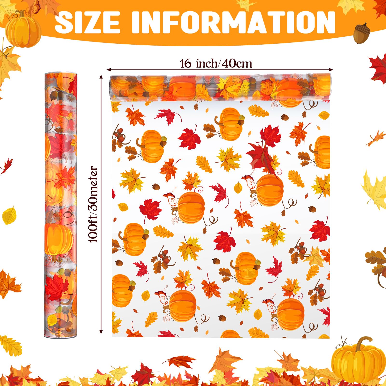 Fall Cellophane Wrapping Paper 100 ft x 16 Inch 2.5 Mil Thick Cello Wrap Roll Crystal Clear Autumn Theme Paper Wrapper Pumpkin Maple Leaf Cellophane Gift Wrap for Treat Small Basket Craft Flowers