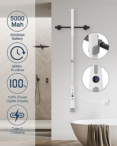 Electric Spin Scrubber, Saraily Cordless Power Scrubber Up to 420RPM, Shower Scrubber with 8 Replaceable Brush Heads and Adjustable Extension Handle for Cleaning Bathtub Tile Floor(40 inch)