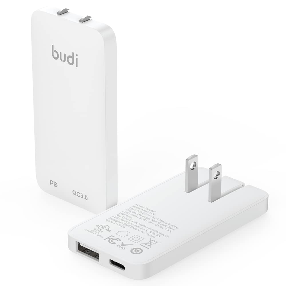 BUDI 20W Extra Slim Portable Wall Charger 2-Port Wall Charger Convenient Travel Accessories Compatible with MacBook and IPad iPhone Samsung Galaxy USB C Laptop Switch, Etc. (20W USB-A&Type-C)