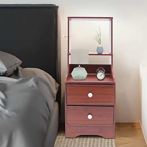 Eapmic 2 Drawers Dresser with Top Cabinet Storage, Nightstand End Bedside Table Storage Cabinet Chest of Drawers with Open Shelf, Wide Storage Space for Home Office,White (2 Drawers,Brown)