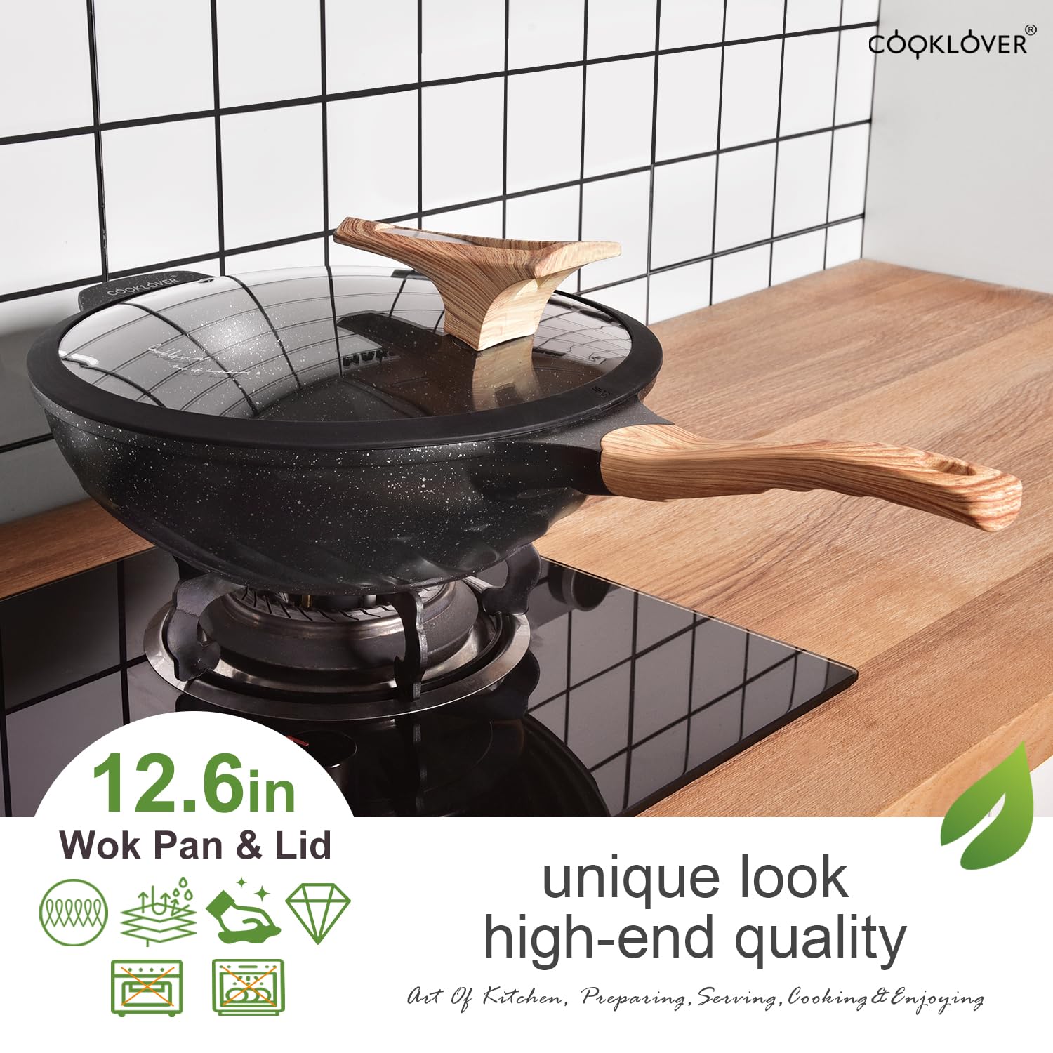 COOKLOVER Nonstick Woks And Stir Fry Pans Die-cast Aluminum Scratch Resistant 100% PFOA Free Induction Wok pan with Lid 12.6 Inch - Black